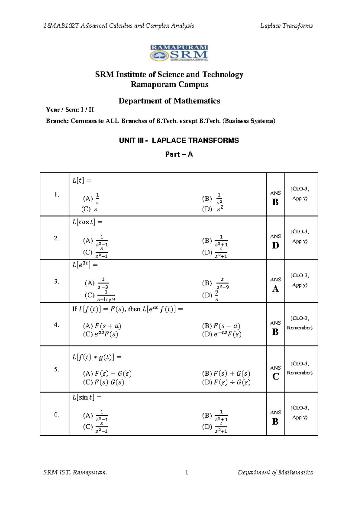 Unit 3 - Part A - MCQ QUESTIONS - SRM Institute of Science and Technology Ramapuram Campus - Studocu