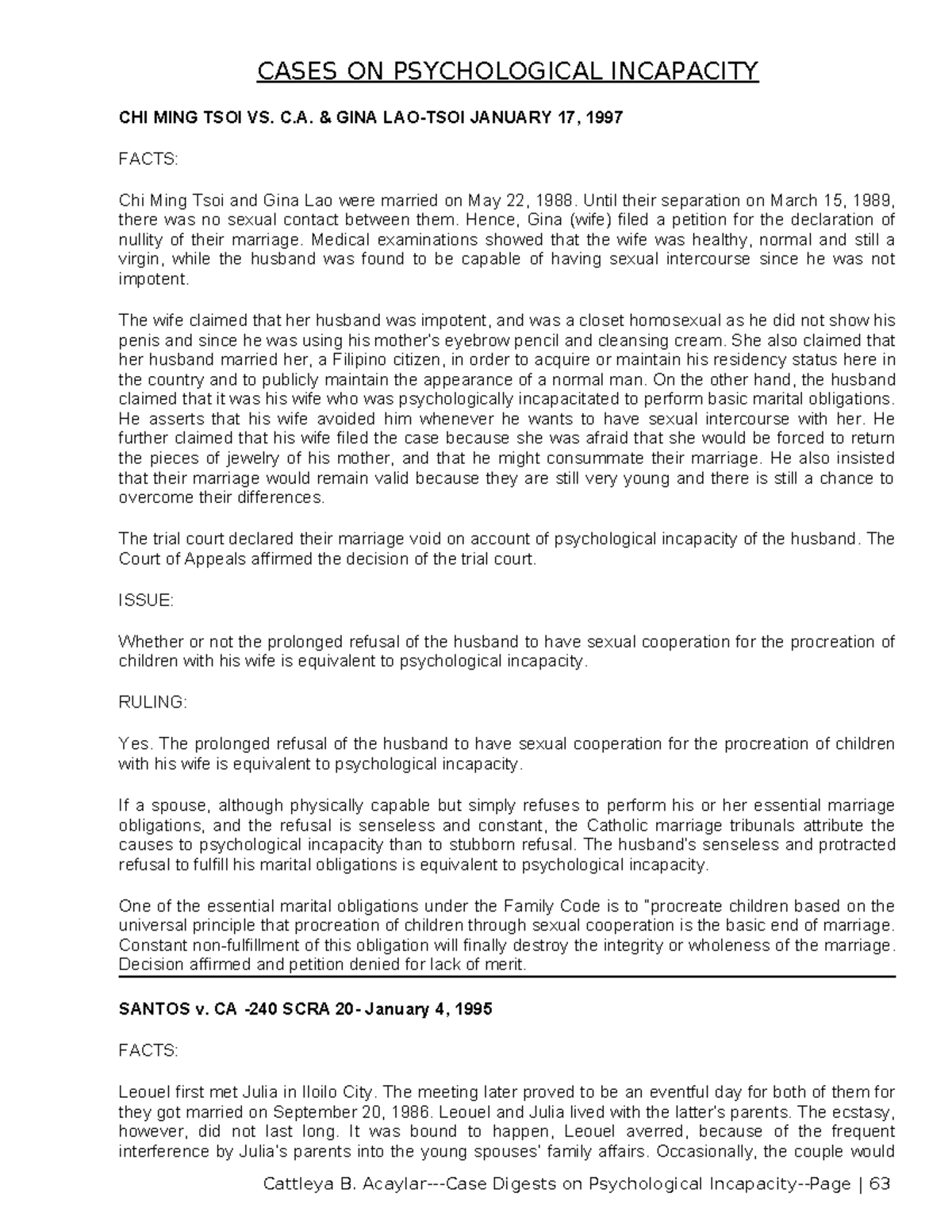 Cases on Psychological incapacity - CASES ON PSYCHOLOGICAL INCAPACITY ...