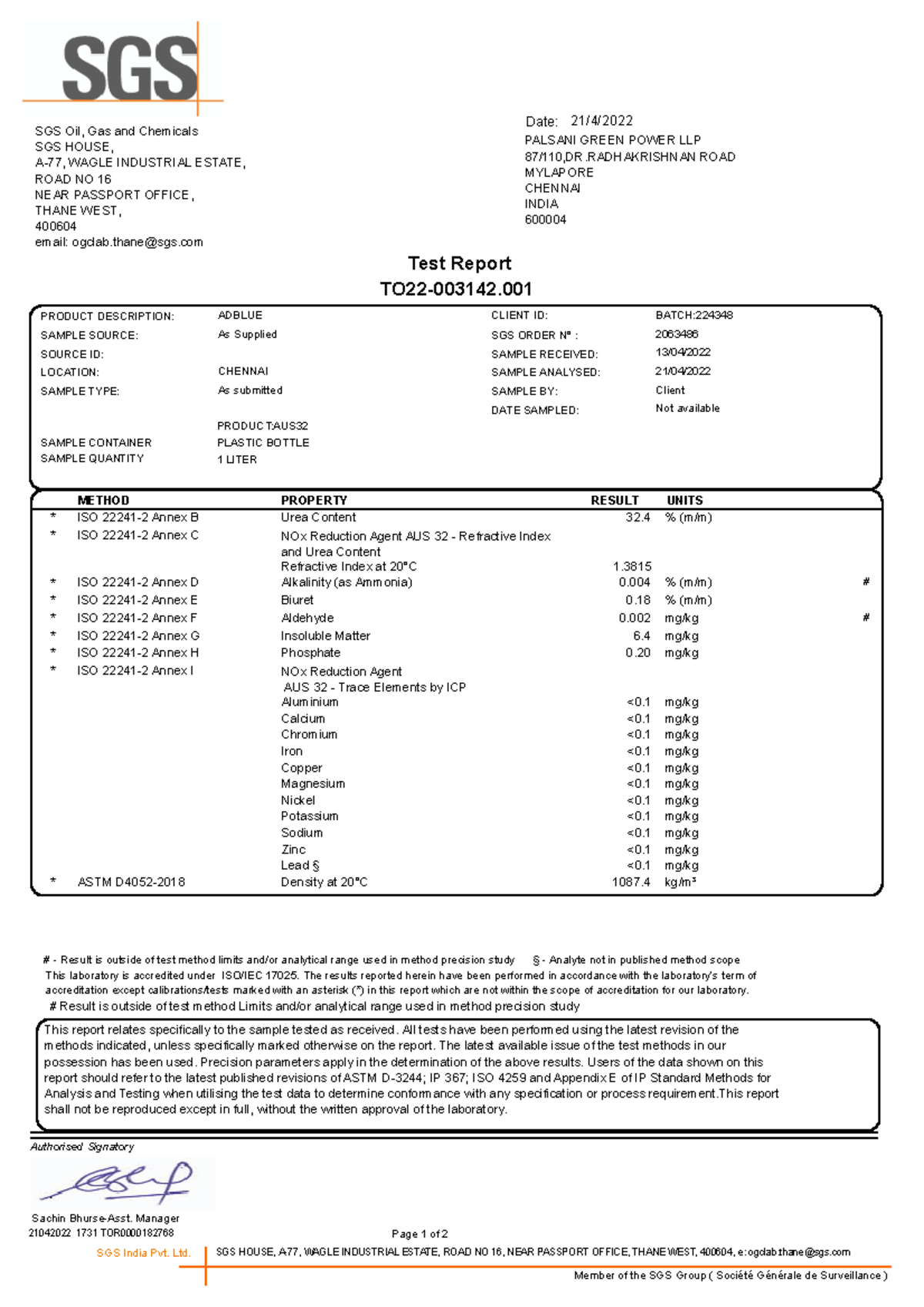 SGS Test report - yes - PALSANI GREEN POWER LLP 87/110,DR ROAD MYLAPORE ...