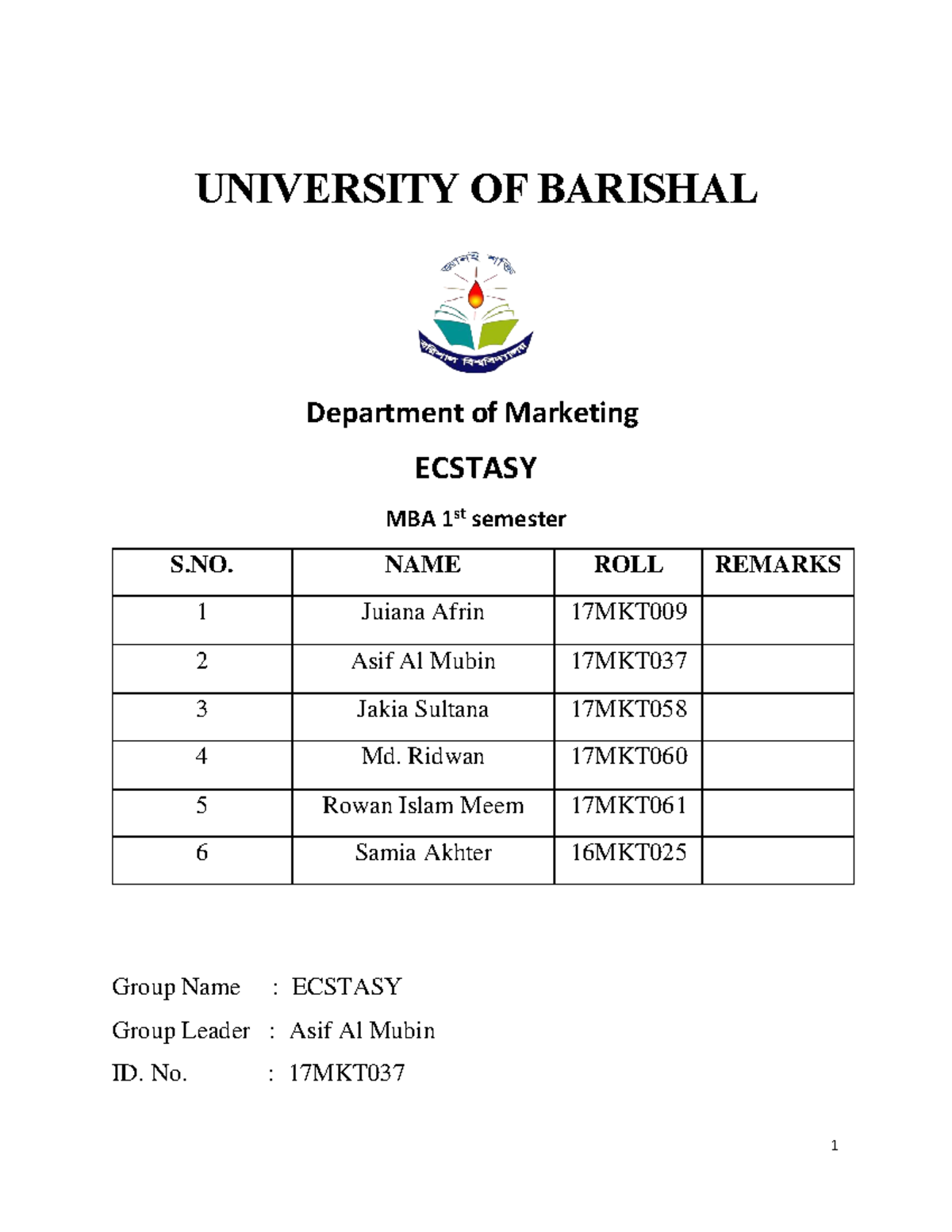 Ecstasy Group - University of Dhaka - UNIVERSITY OF BARISHAL Department ...