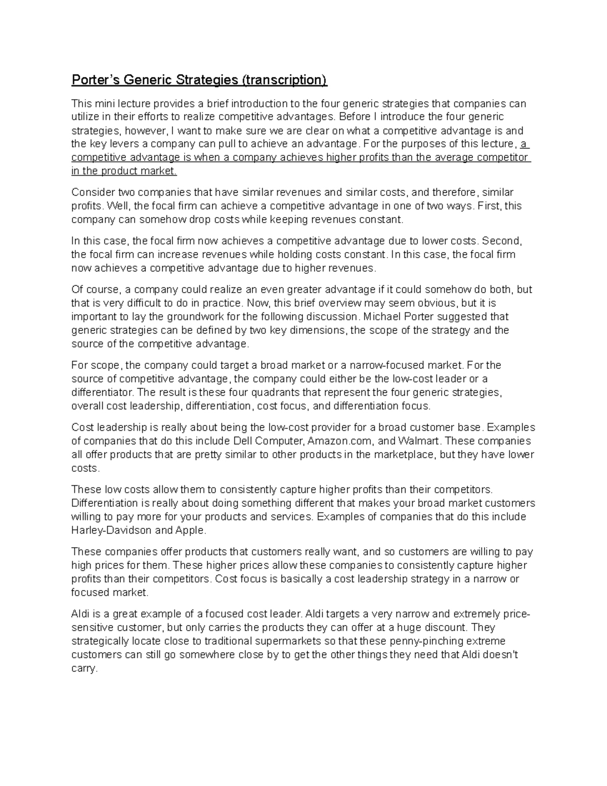 Generic Strategies Mini-Lecture - Porter’s Generic Strategies ...