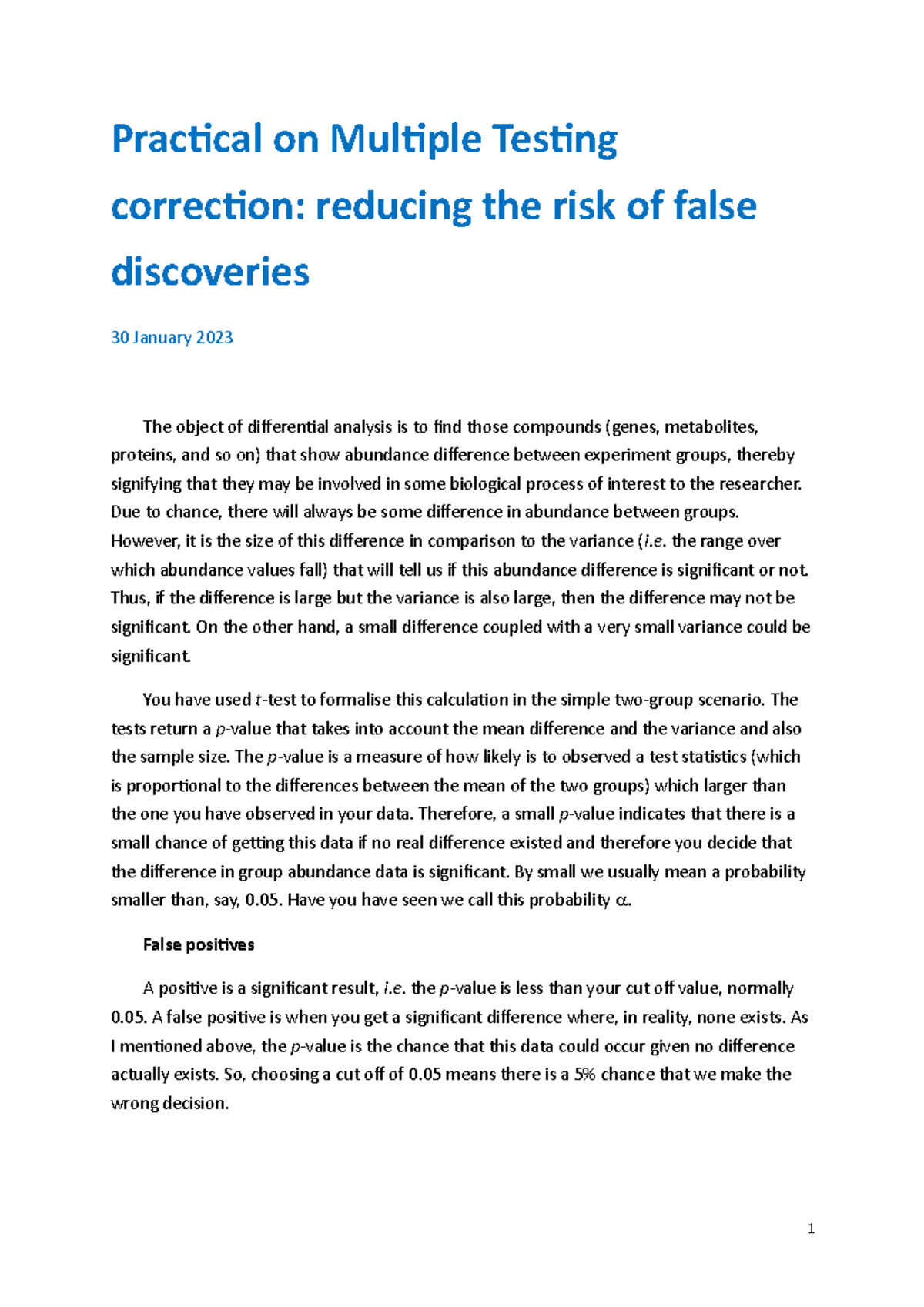 MSB30306 Practical Multtest - Practical on Multiple Testing correction ...