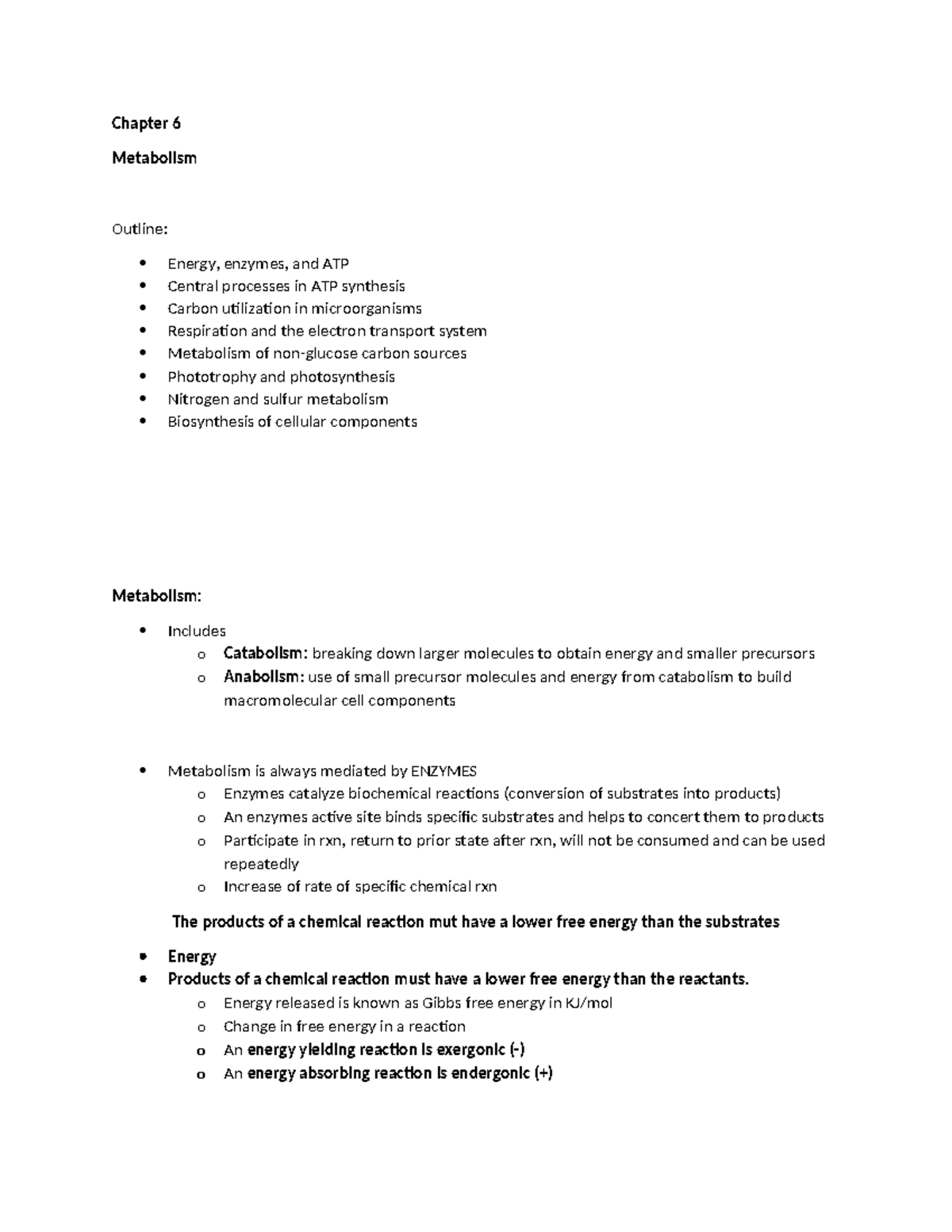 BSC 260 L 7-8 - lecture 7-8 notes - Chapter 6 Metabolism Outline ...