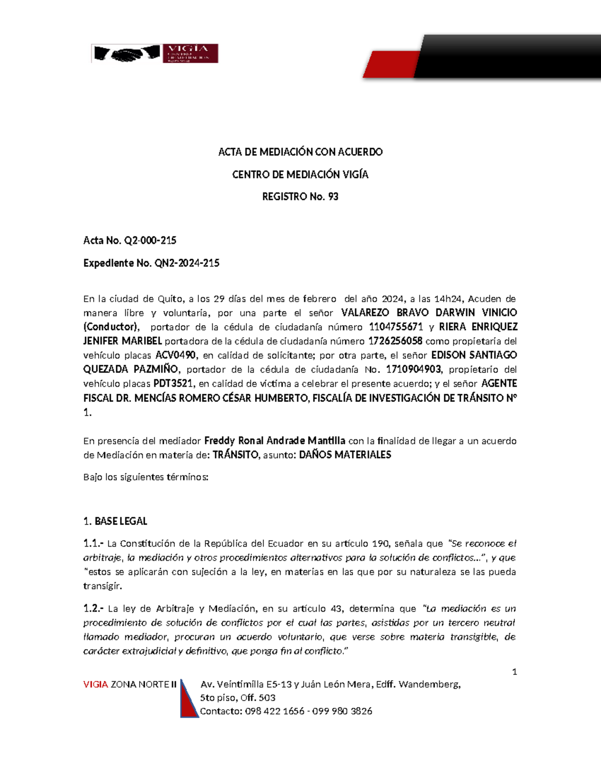 ACTA QN2-2023-216 - acta de mediacion - ACTA DE MEDIACIÓN CON ACUERDO ...