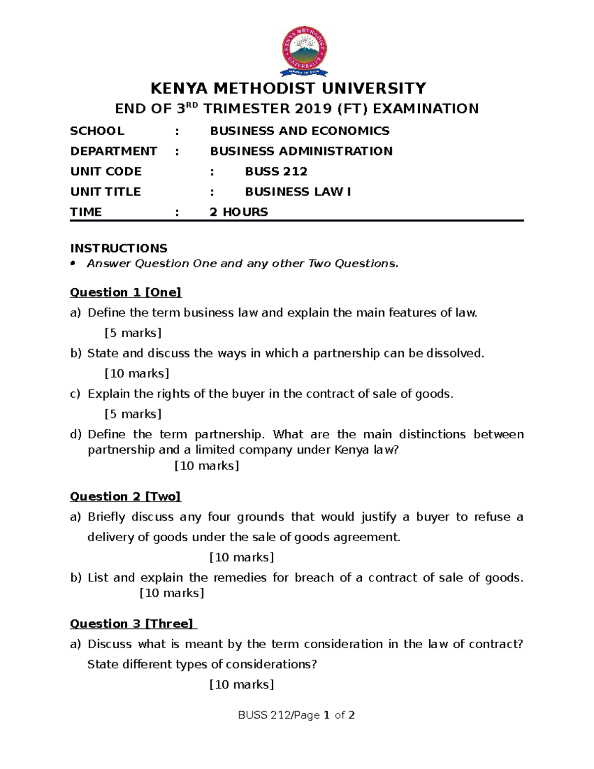 BUSS 212 - Business Law I - KENYA METHODIST UNIVERSITY END OF 3RD ...