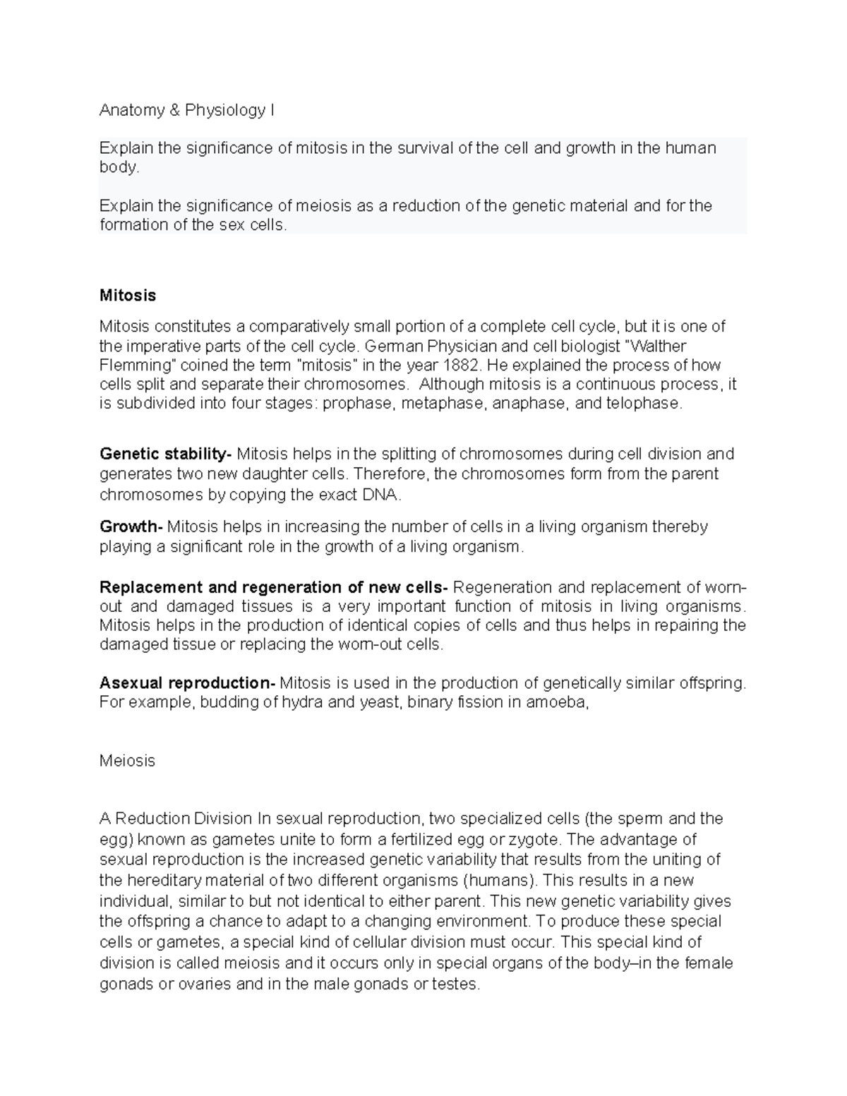 Anatomy 22 - Anatomy & Physiology I Explain the significance of mitosis ...