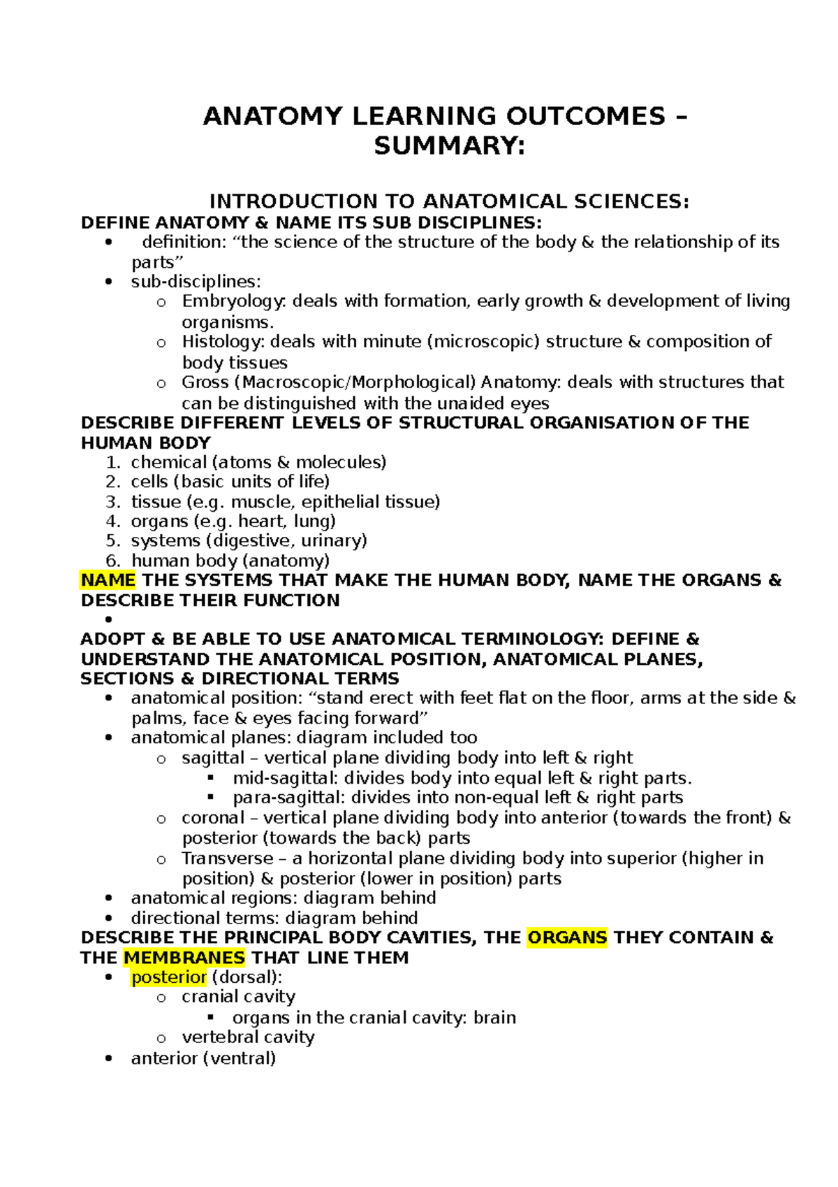 learning outcomes - ANATOMY LEARNING OUTCOMES – SUMMARY: INTRODUCTION ...