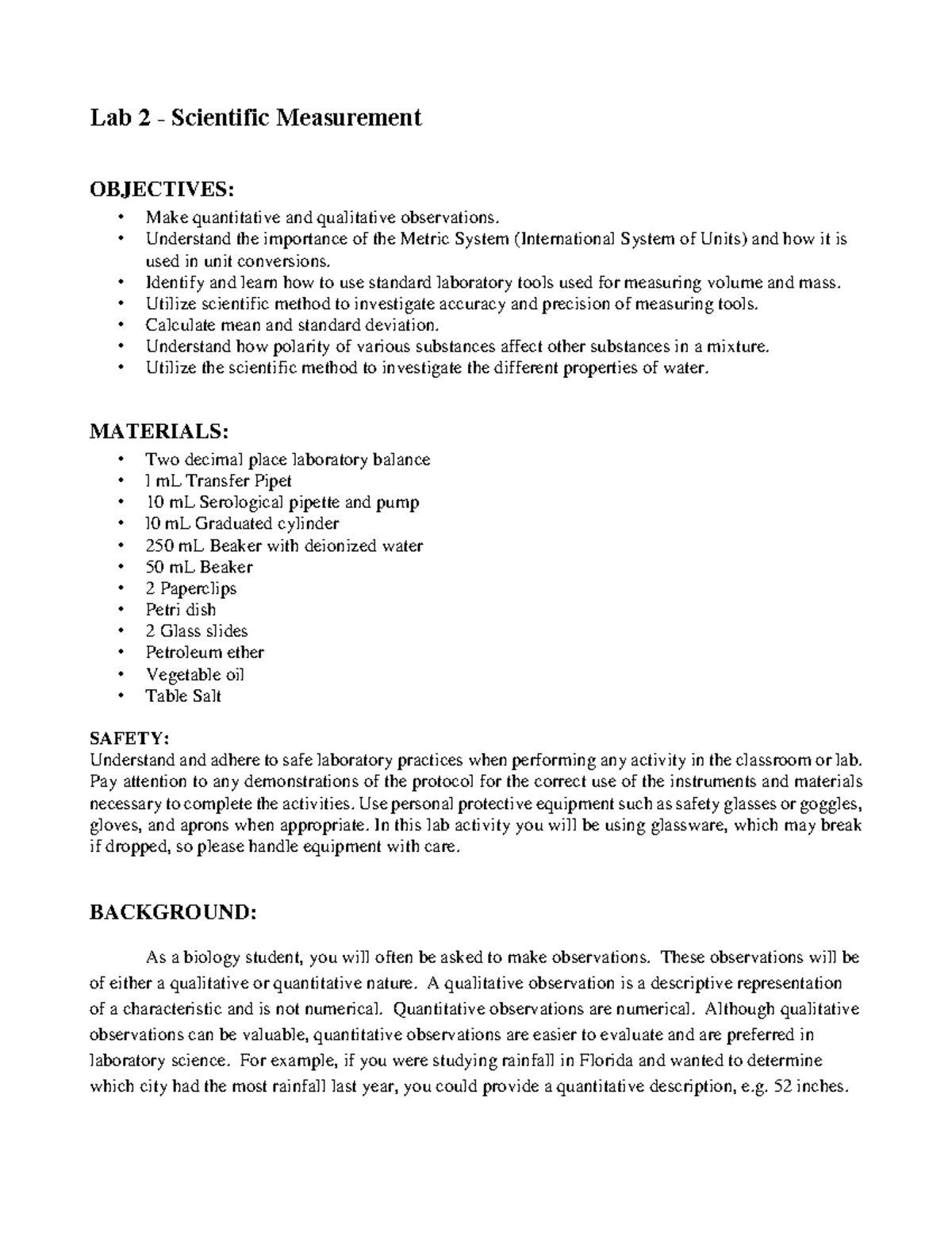 FSW BSC1010L Lab Manual Lab 2 - Scientific Measurement - Lab 2 ...