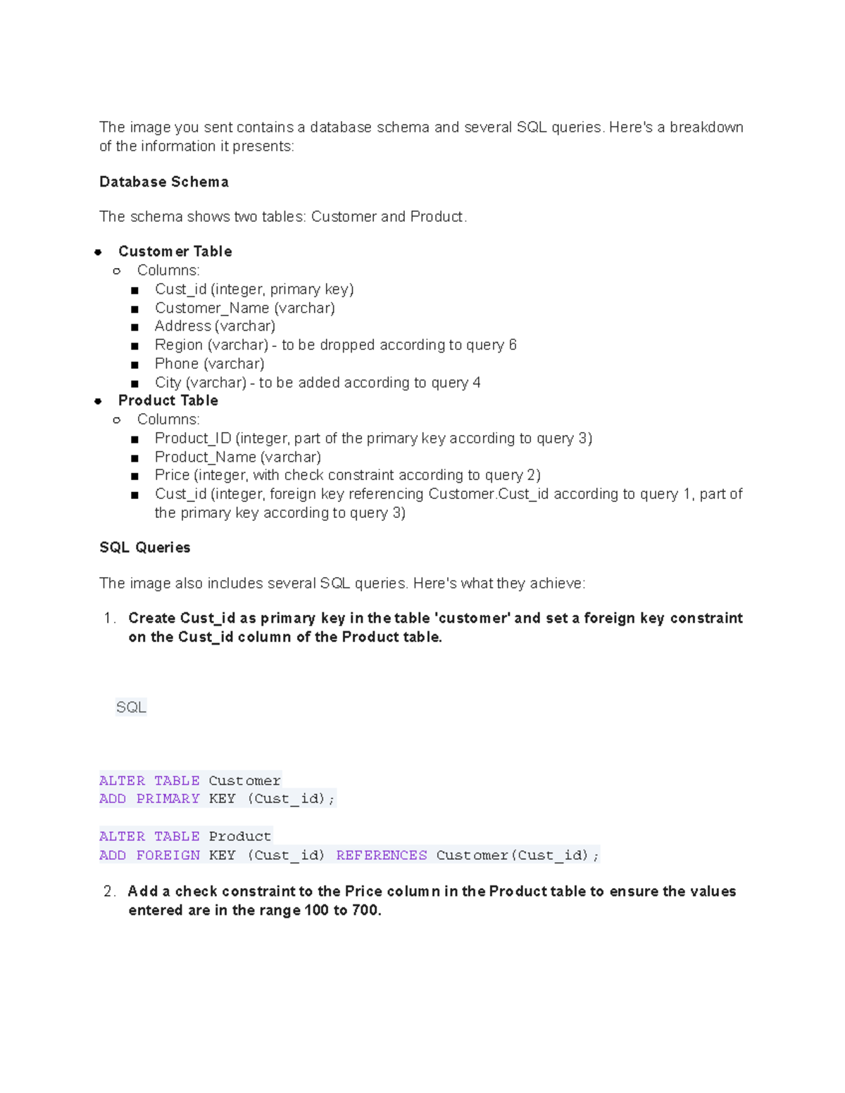 Creation - The image you sent contains a database schema and several SQL queries. Here's a ...