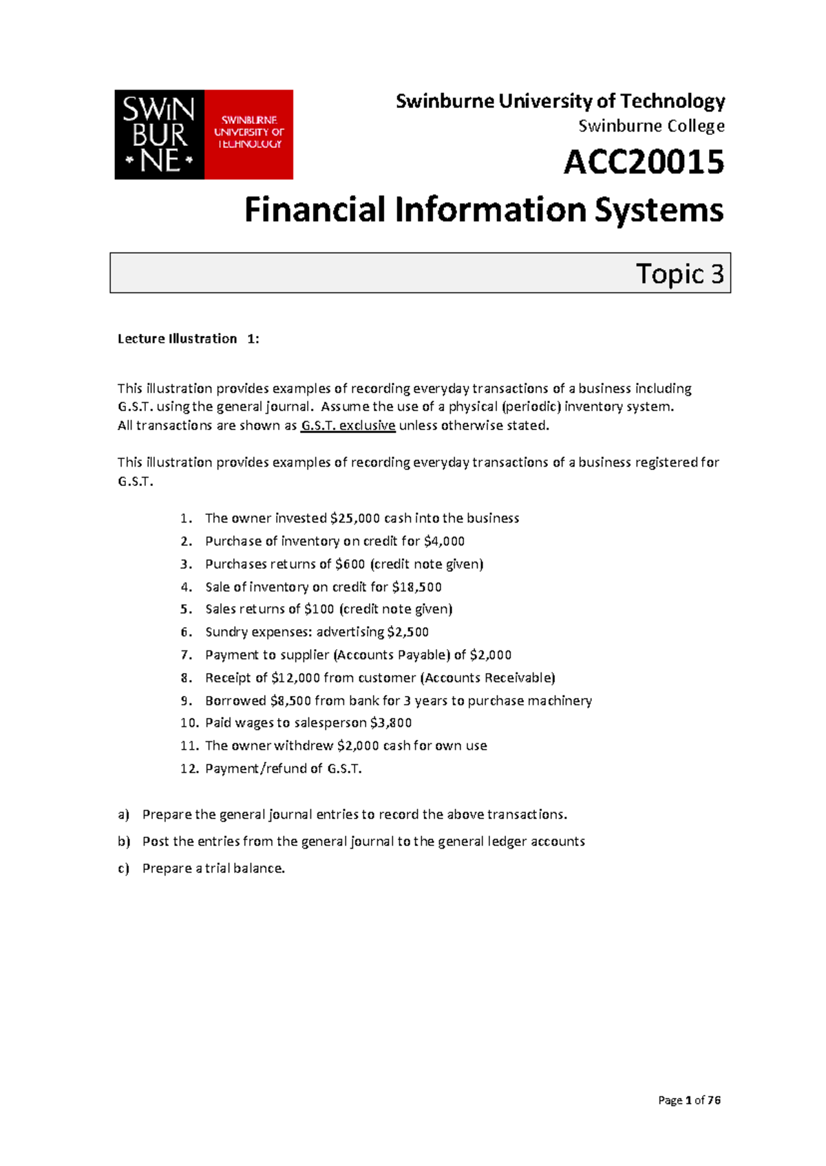 Topic 3 Lecture Example - Swinburne University of Technology Swinburne ...