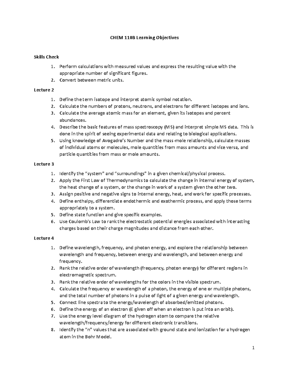 Chem 110 final - CHEM 110B Learning Objectives Skills Check Perform ...