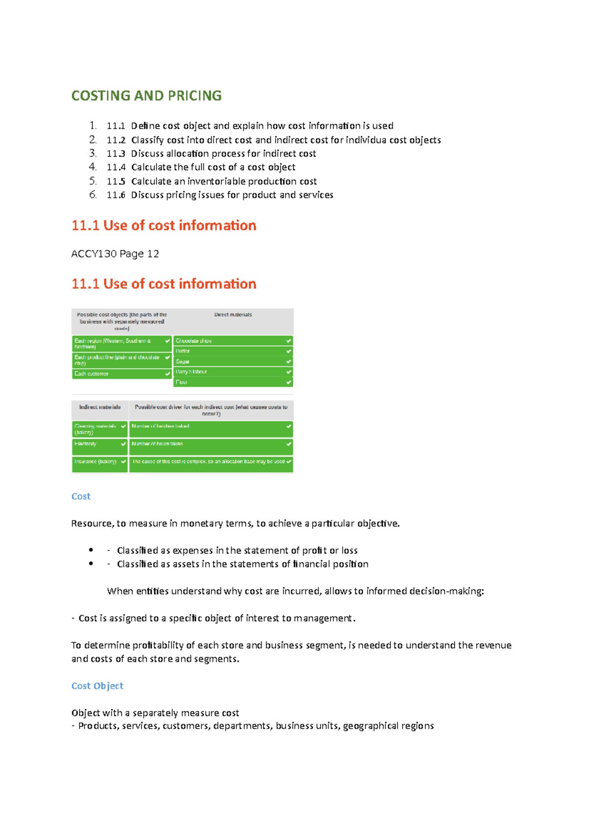 ACCY130 Costing and pricing notes - COSTING AND PRICING 1. 11 Define ...