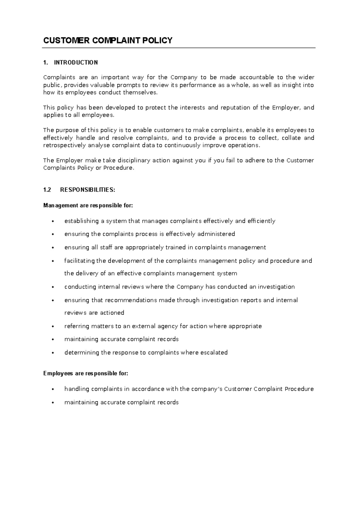 Customer Complaint Policy - CUSTOMER COMPLAINT POLICY 1. INTRODUCTION ...