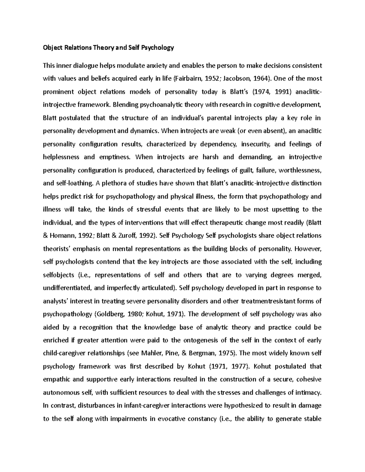 Object Relations Theory and Self Psychology - One of the most prominent ...