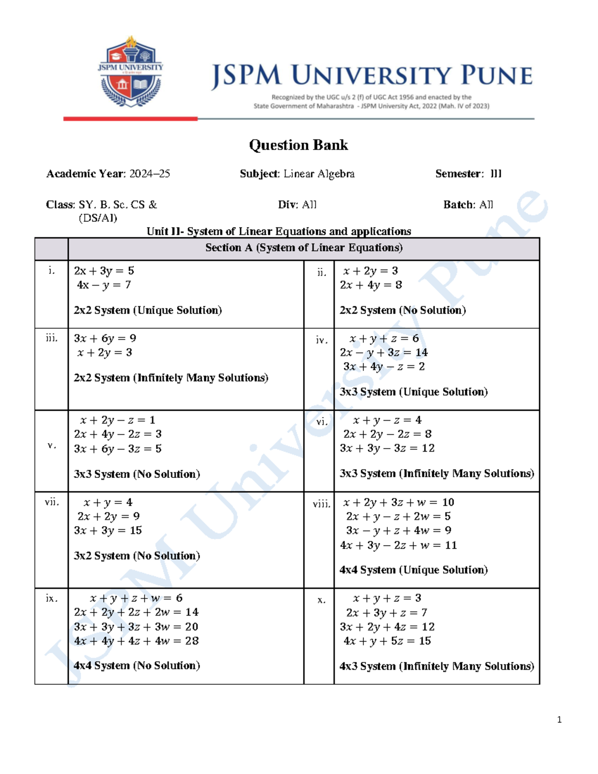 Question Bank Unit 2 System of Linear Equations and applications ...