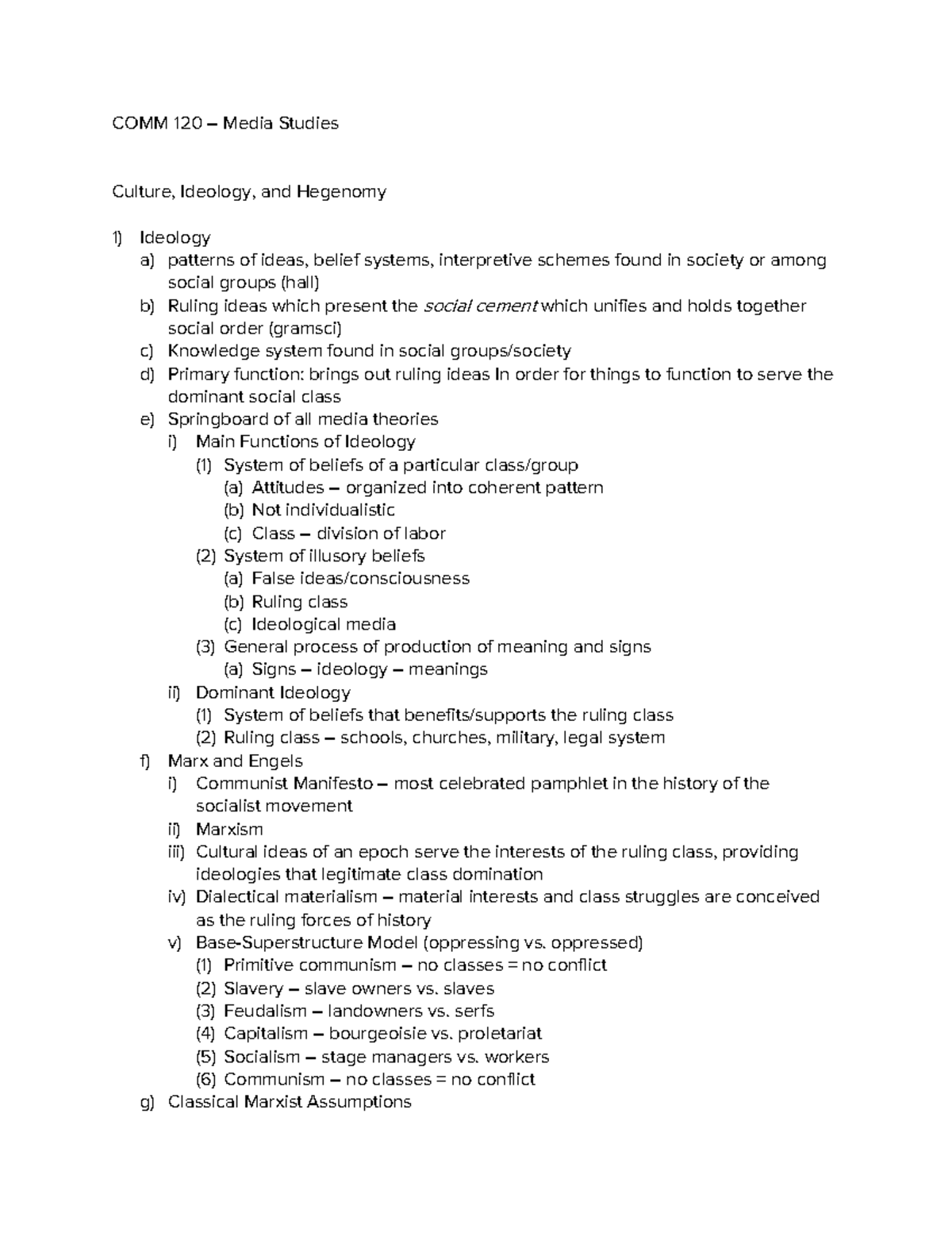 COMM-120 - Lecture notes 1 - COMM 120 – Media Studies Culture, Ideology ...