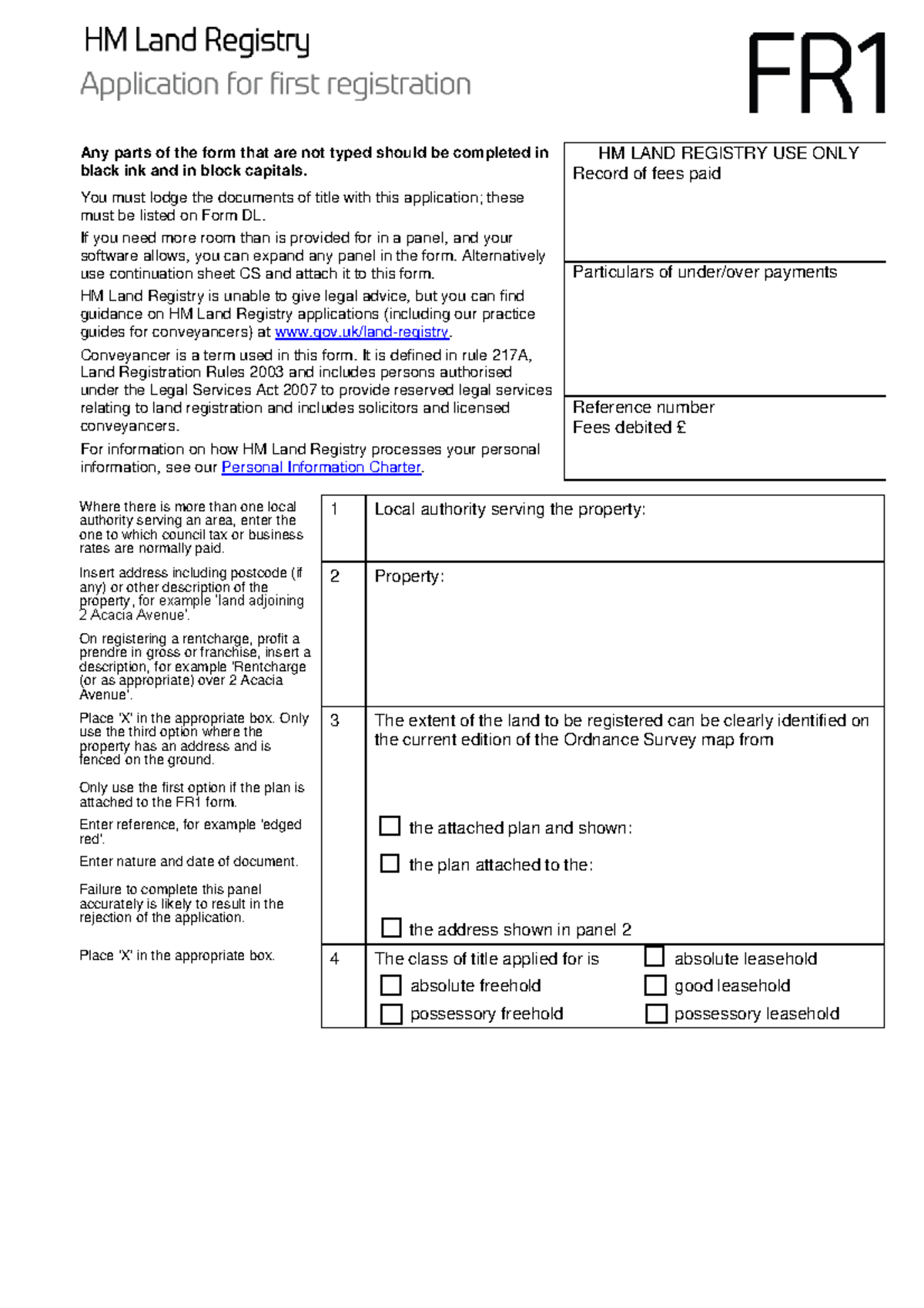 Form FR1 (First Registration) - Any parts of the form that are not ...