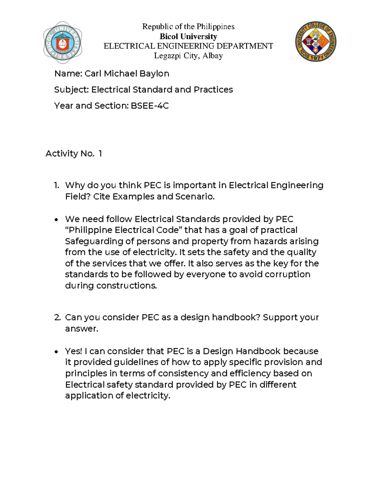 Activity Sample given - Electrical engineering - Studocu