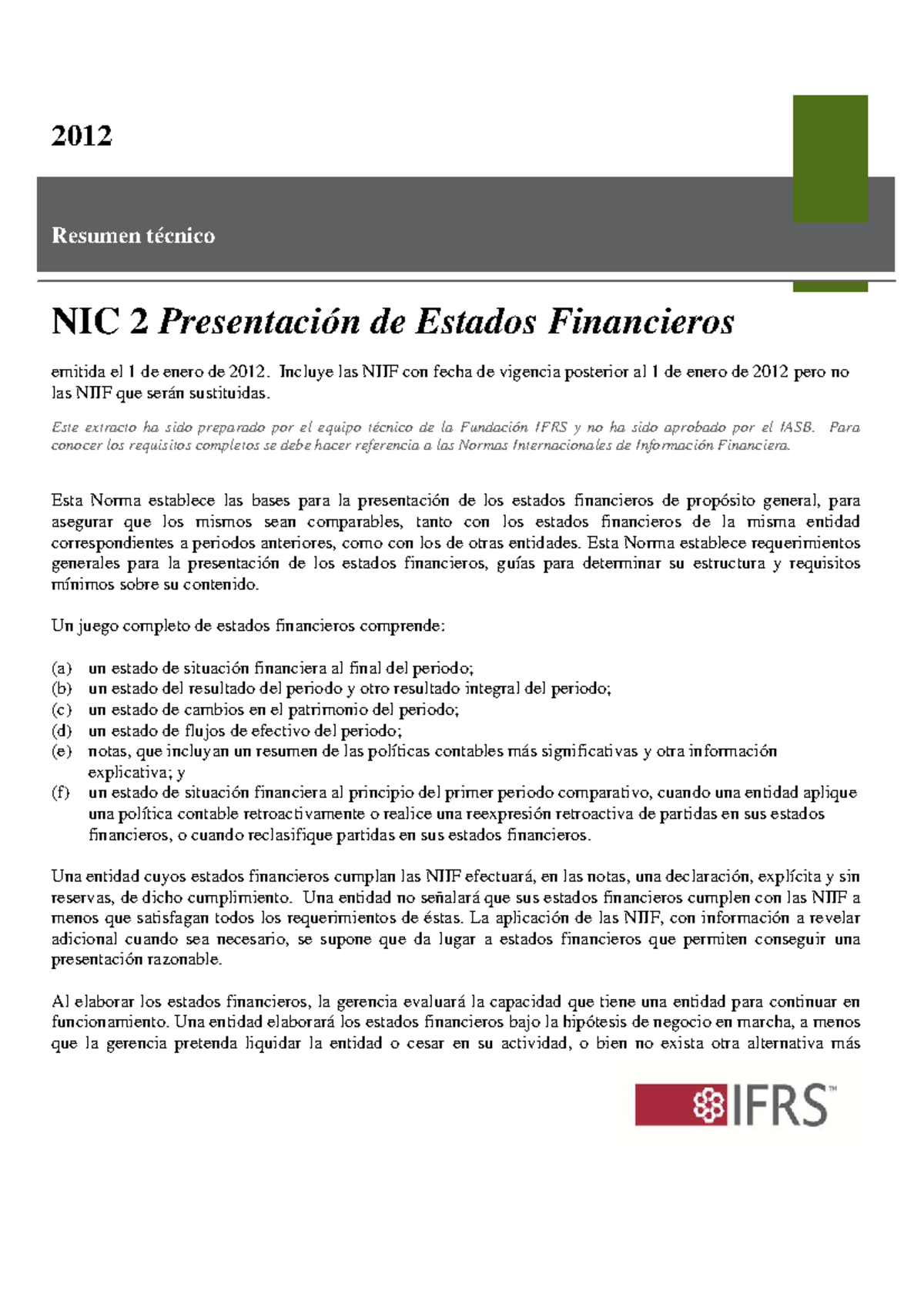 NIC 1 - NIC1 - 2012 Resumen técnico NIC 2 Presentación de Estados ...