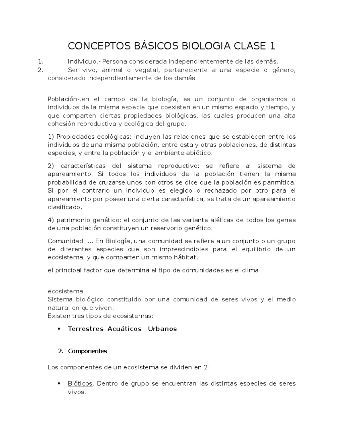 Conceptos Básicos Biologia Clase 1 - CONCEPTOS BÁSICOS BIOLOGIA CLASE 1 Individuo.- Persona ...