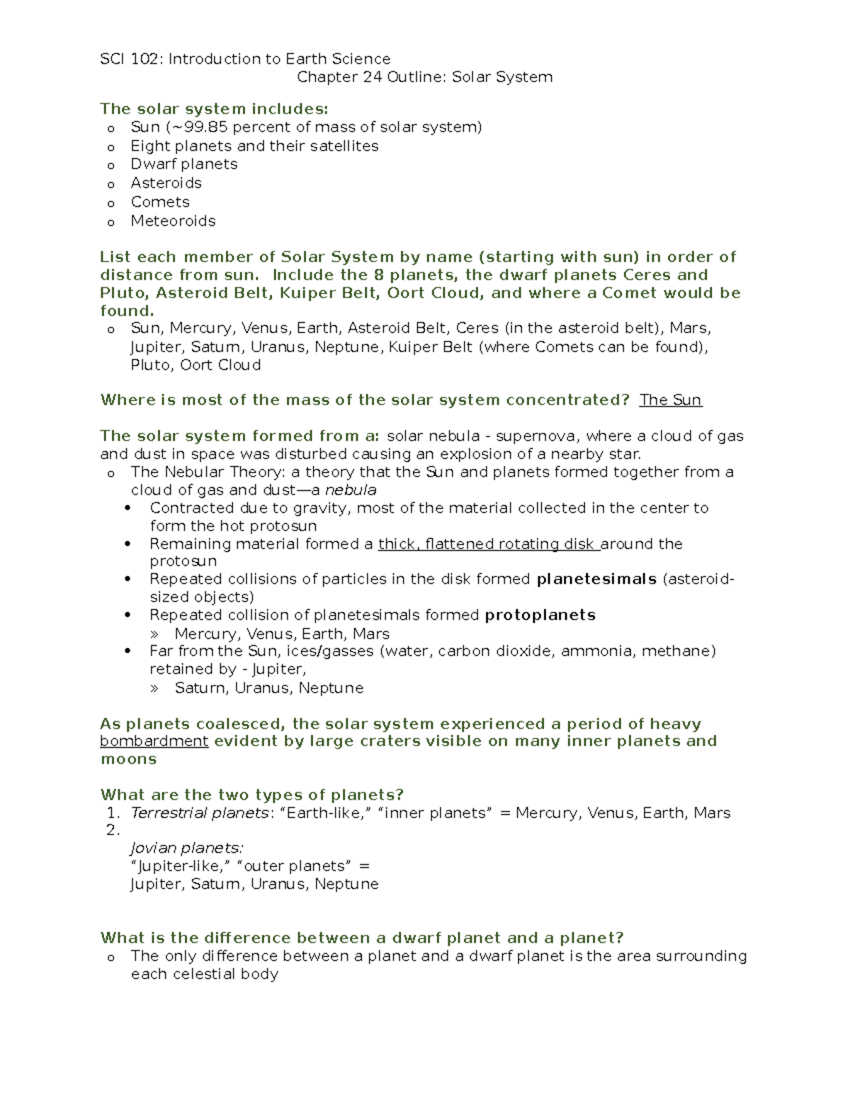 SCI 102 - Chapter Twenty-Four Outline - Solar System - Chapter 24 ...