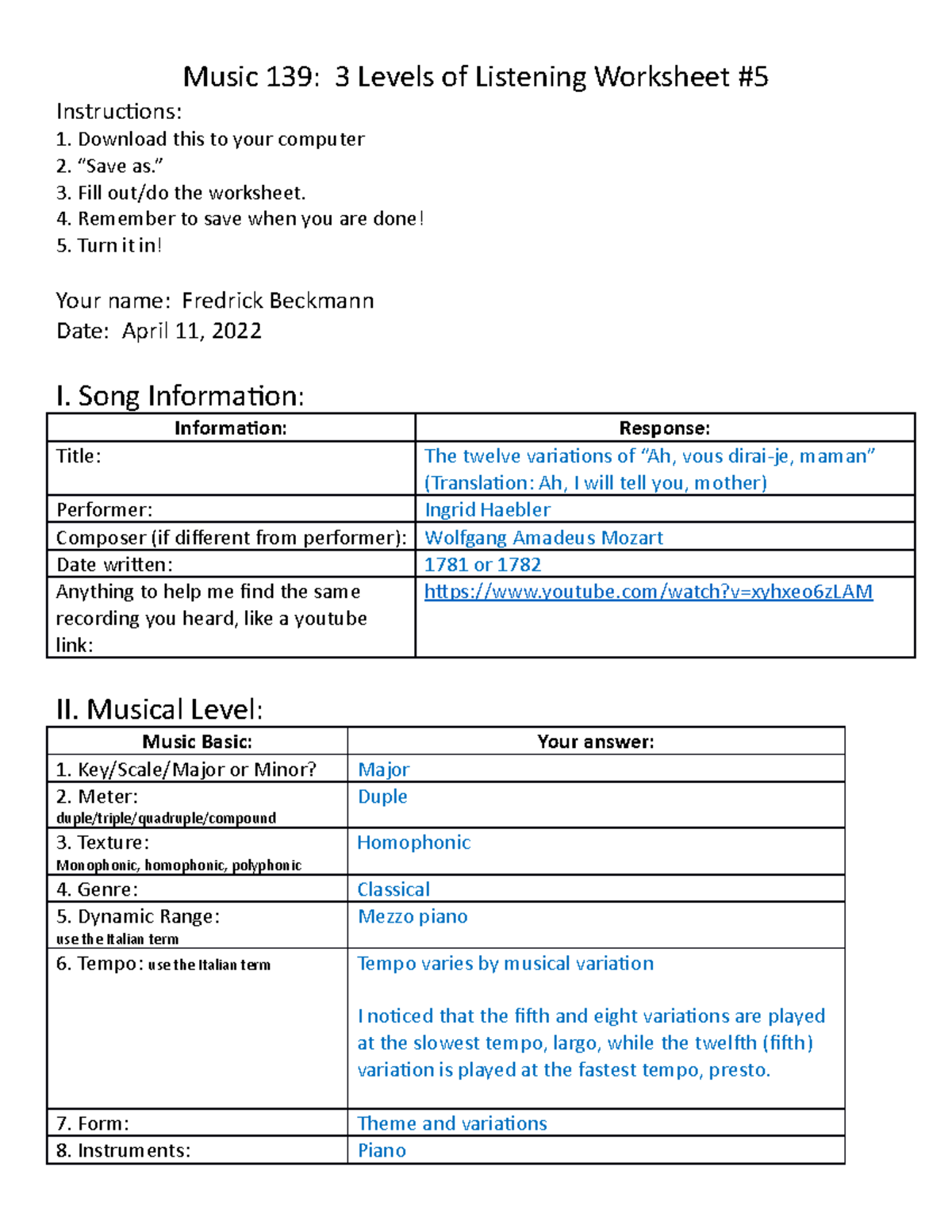 3 Levels of Listening Worksheet #5 - Ah, vous dirai-je maman - Music ...