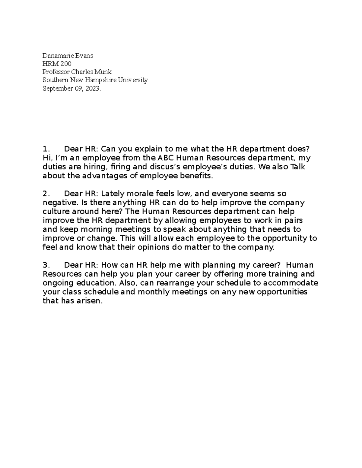 2-2 assignment HR Inbox - Danamarie Evans HRM 200 Professor Charles ...