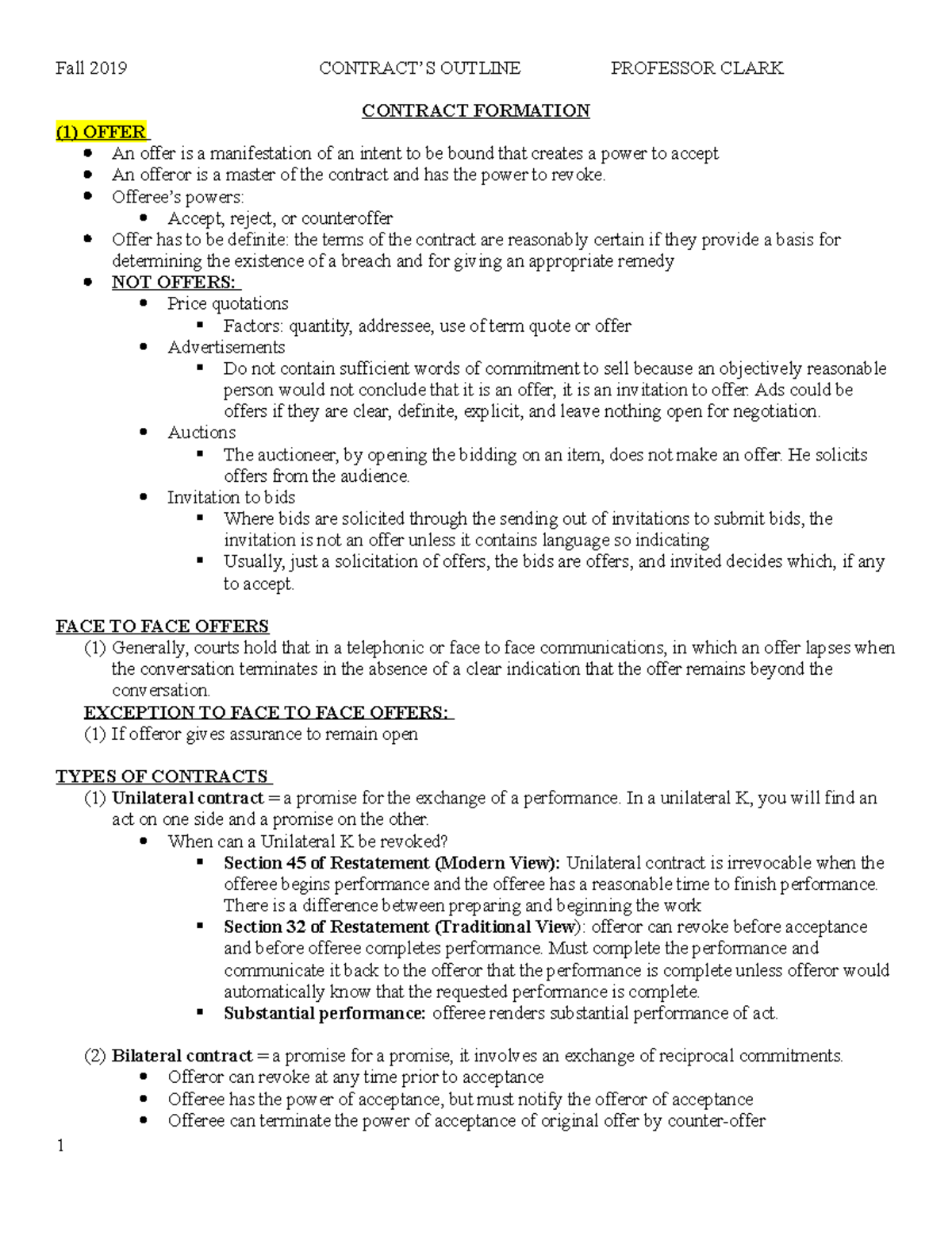 Fall 2019 Professor Clark contracts - CONTRACT FORMATION (1) OFFER An ...