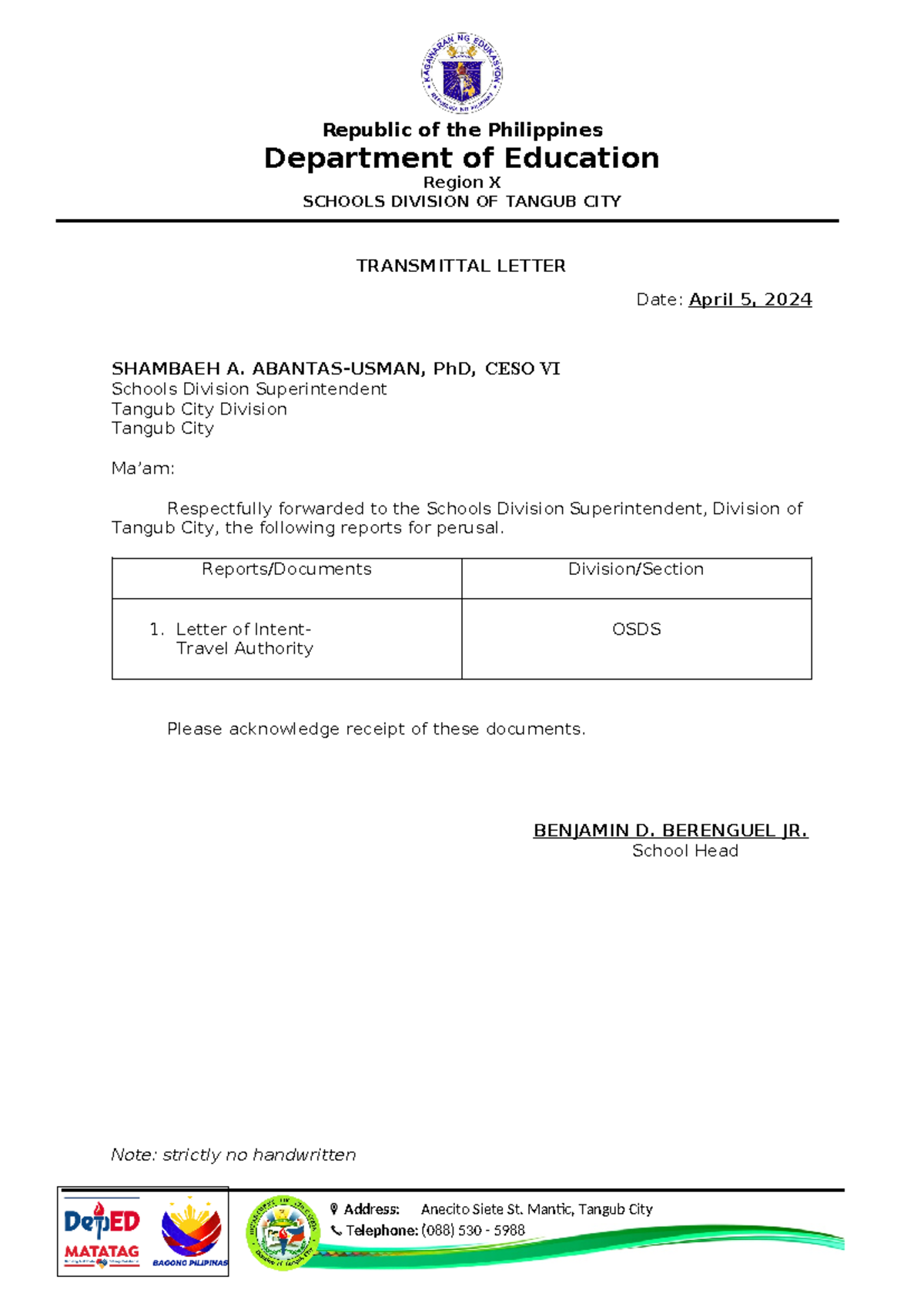 Transmittal- Letter- Arabejo - Address: Anecito Siete St. Mantic ...