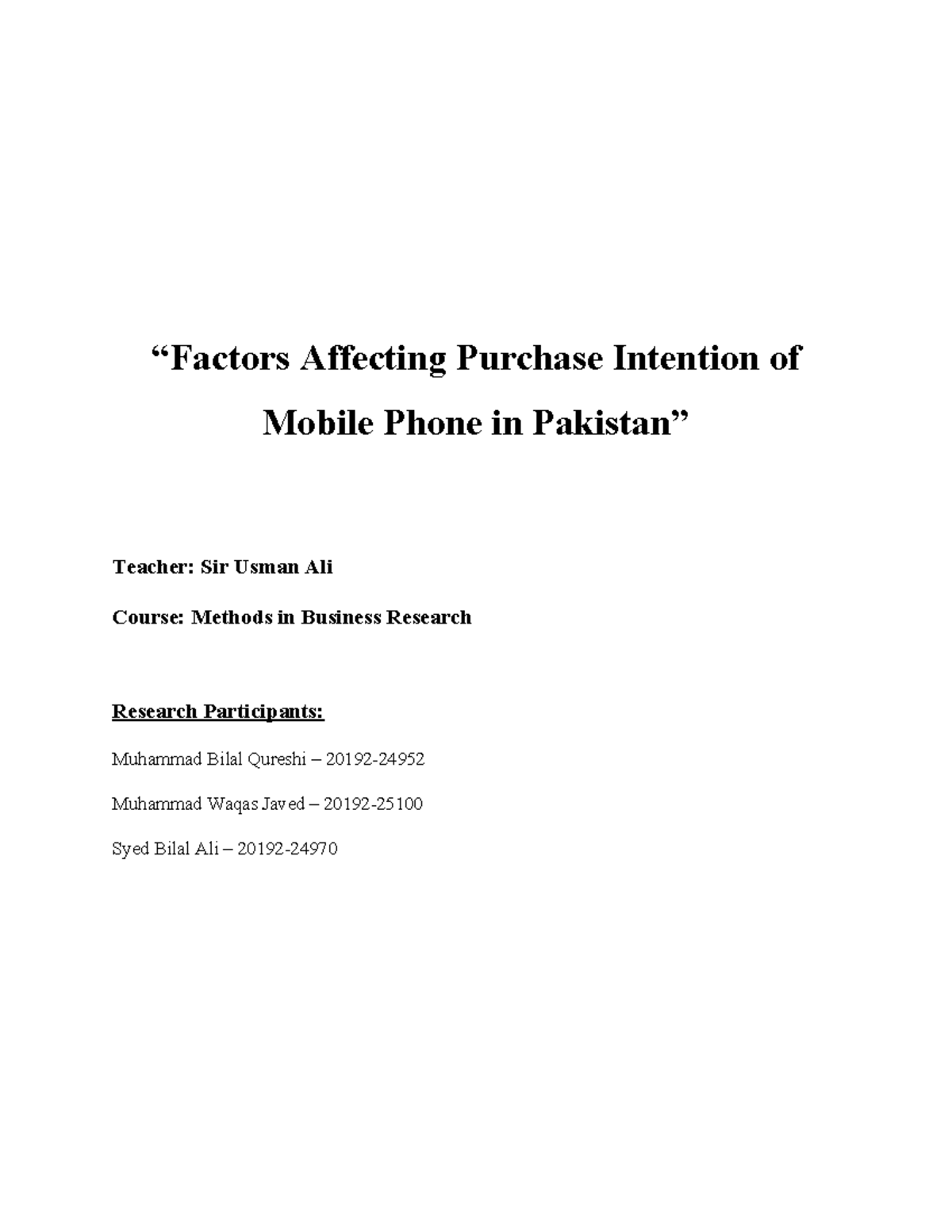 Factors affecting Purchase intention of Mobile - “Factors Affecting ...