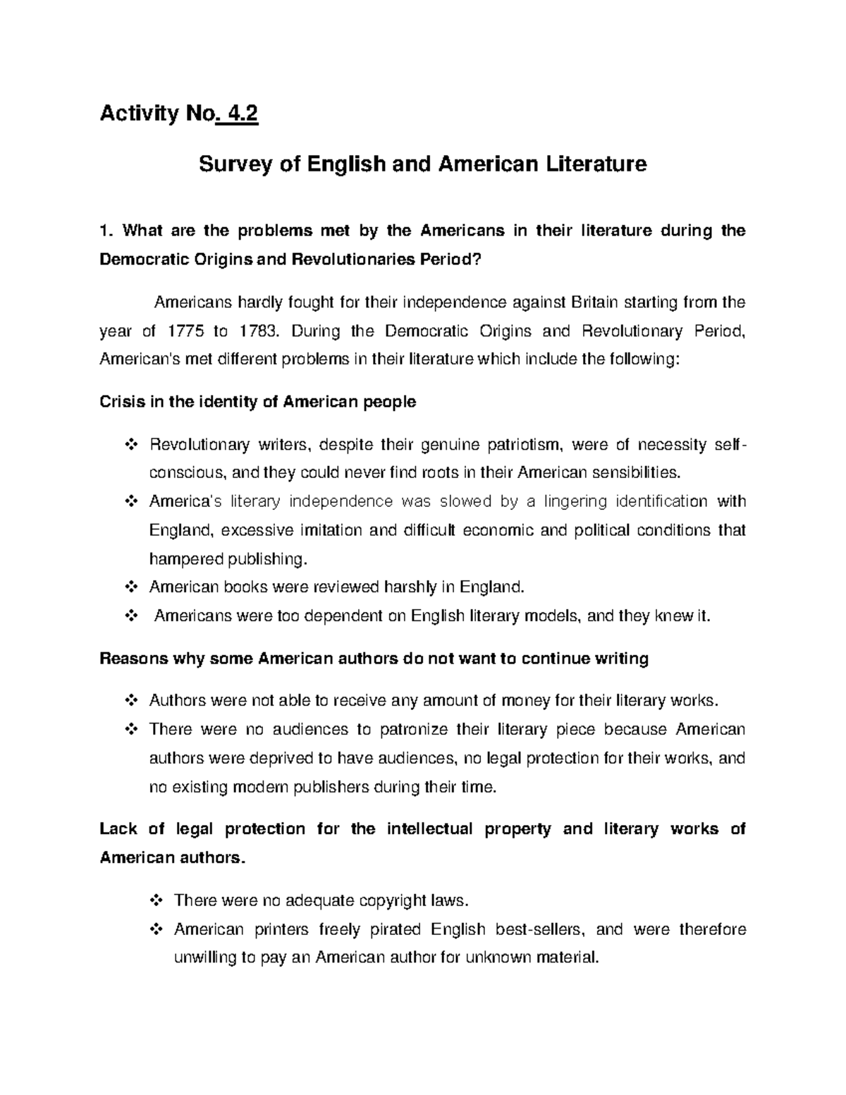 Survey of English and American Literature- Activity 4 - Activity No. 4 ...