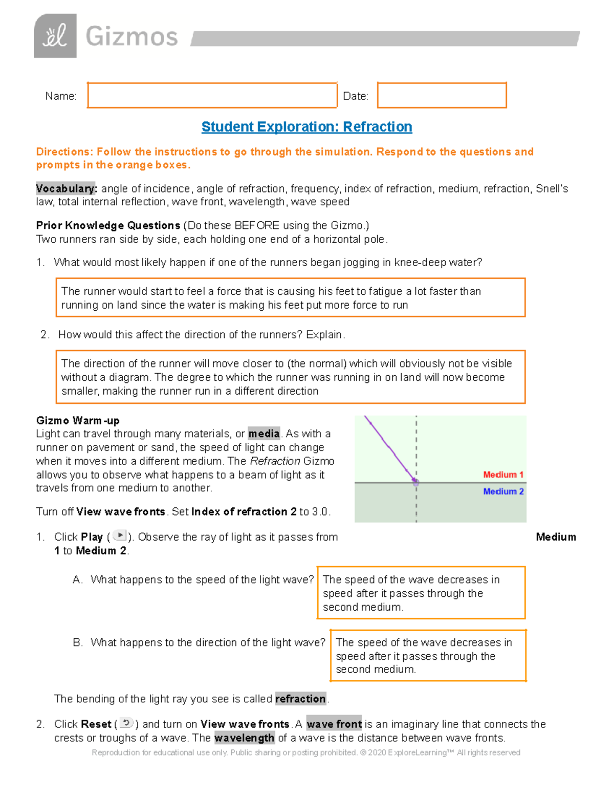 Copy of Copy of Refraction SE - Name: Date: Student Exploration ...