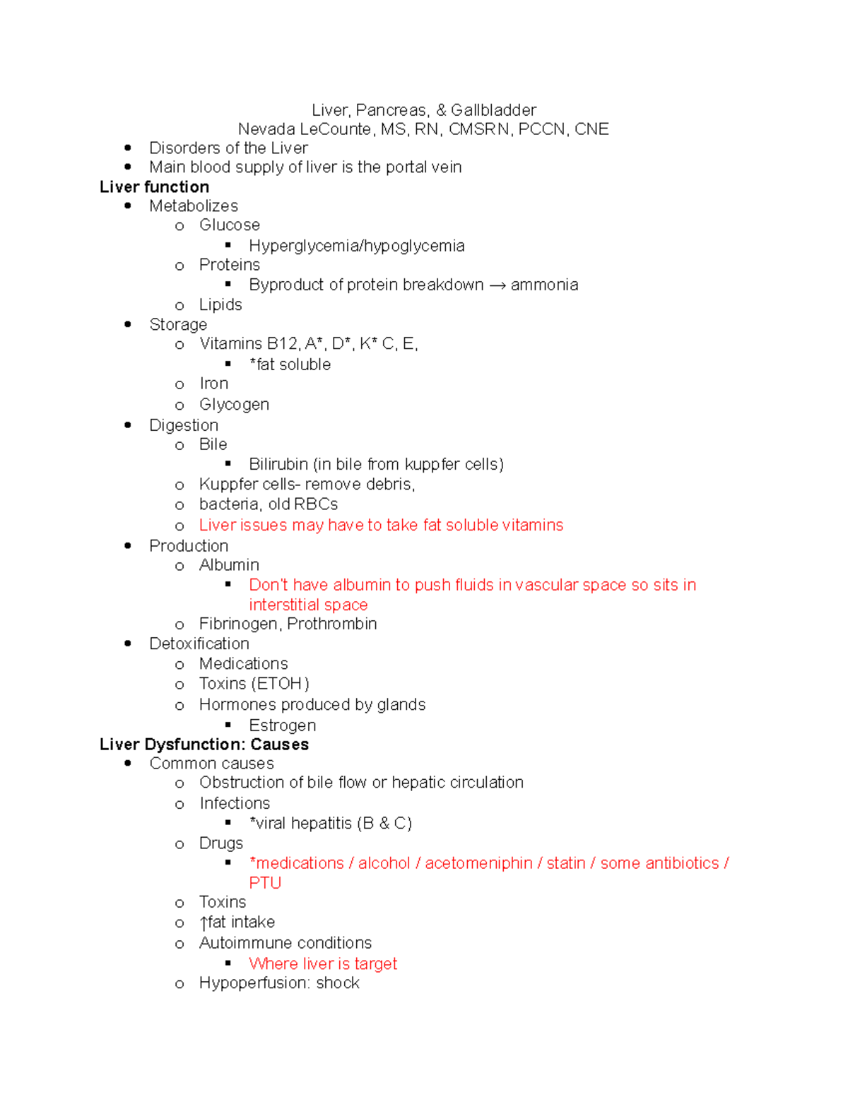 Liver outline notes - med surg - Liver, Pancreas, & Gallbladder Nevada ...