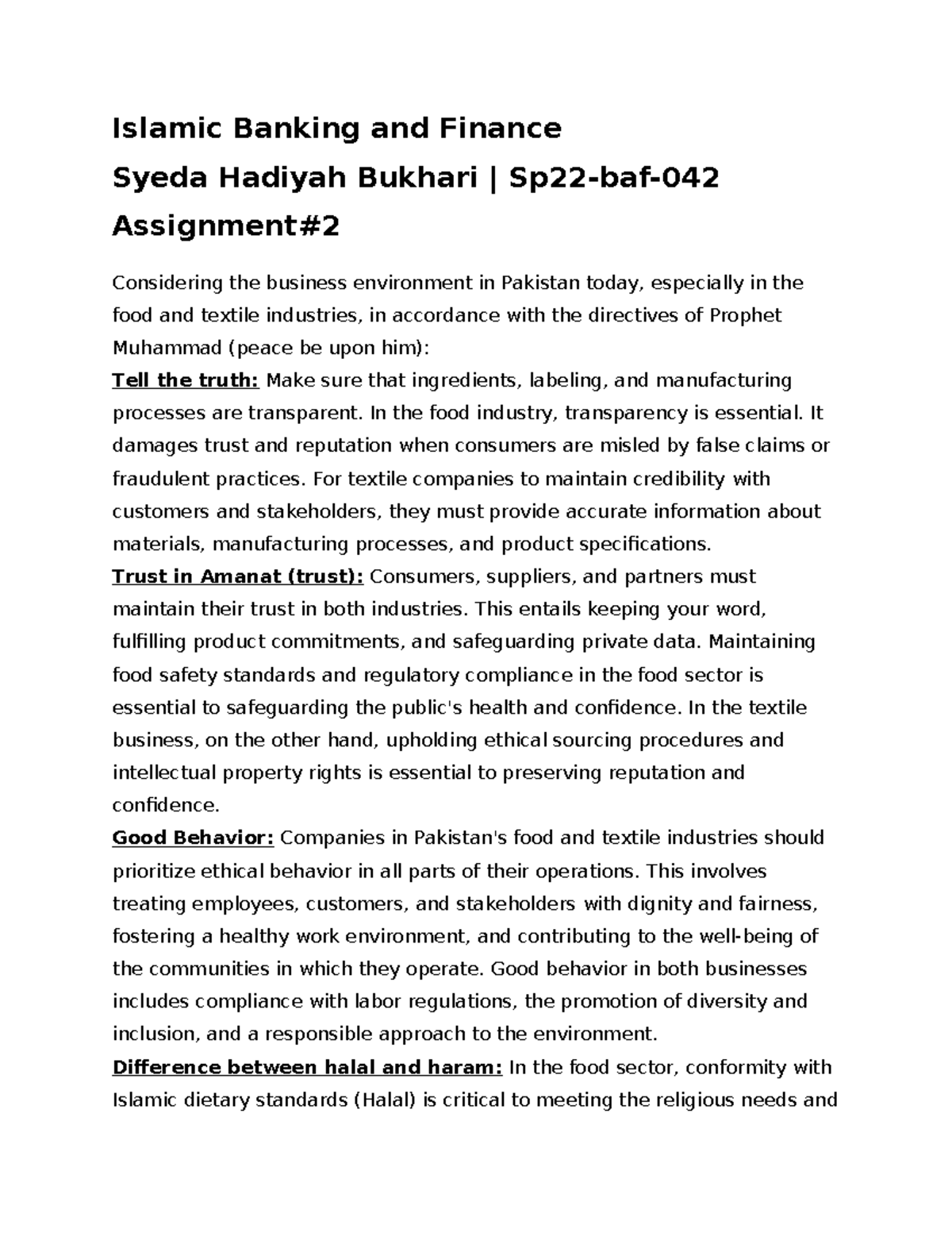 IBF-assignment - Islamic Banking and Finance Syeda Hadiyah Bukhari | Sp22-baf- Assignment# - Studocu