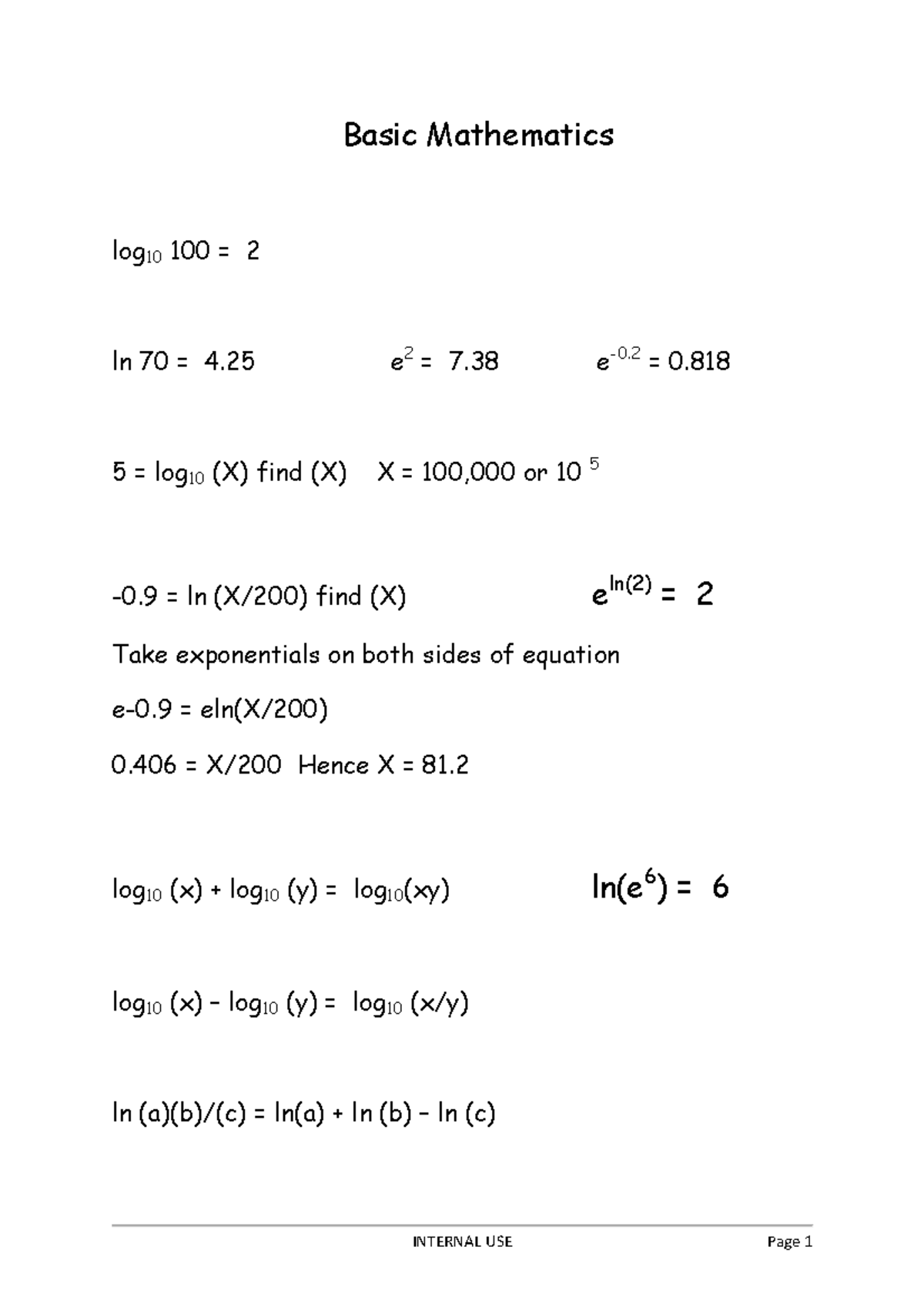 Basic Mathematics - Basic Mathematics log10 100 = 2 ln 70 = 4 5 = log10 ...