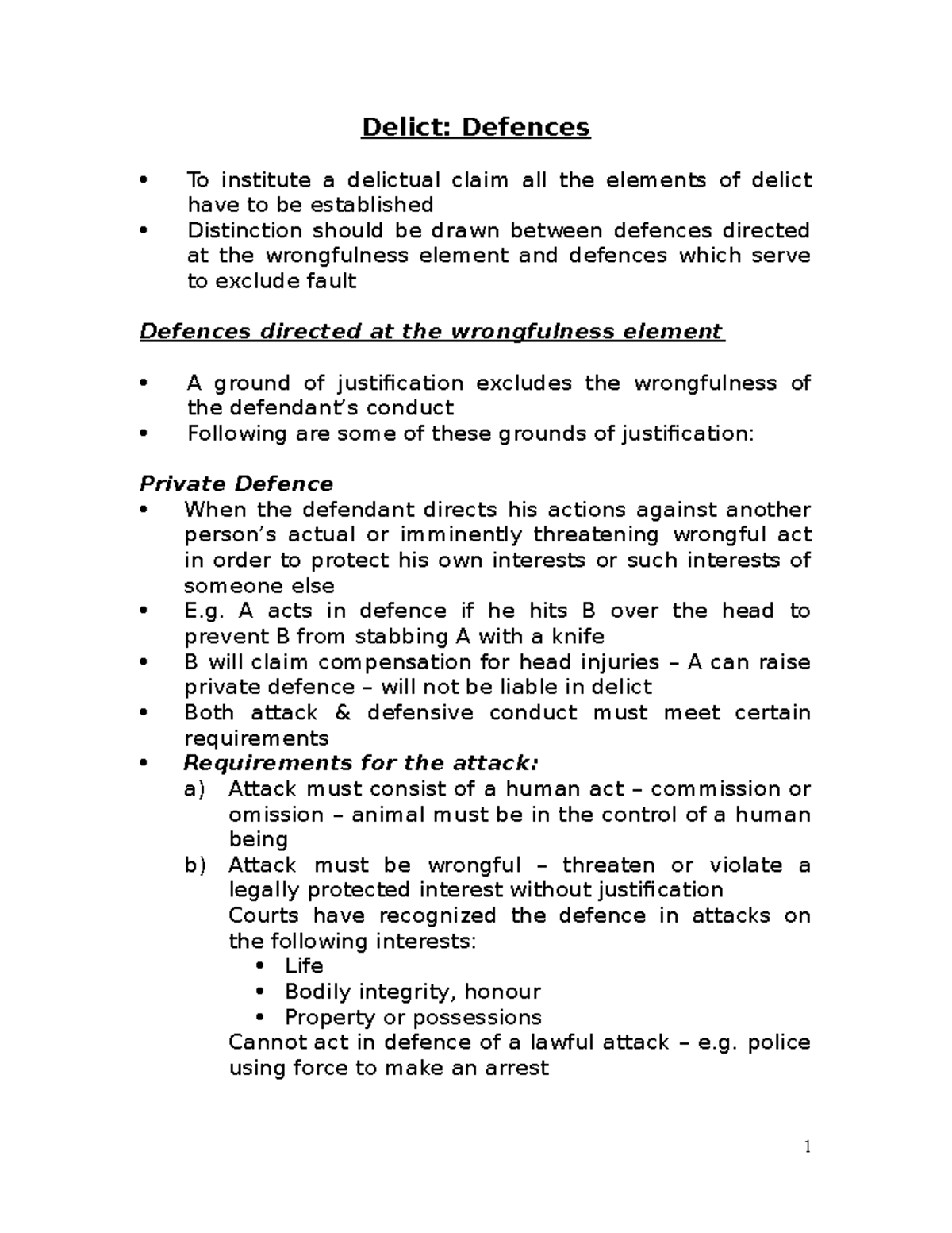 Defences - Aspects notes - Osman-Hyder - Delict: Defences To institute ...