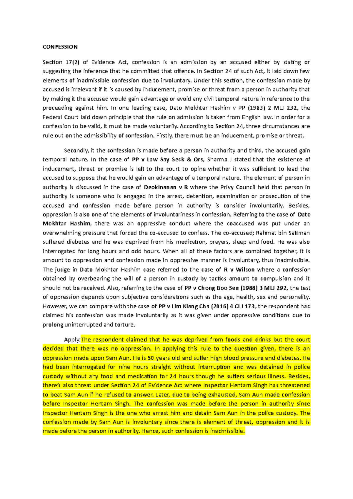 Confession Lecture Notes - CONFESSION Section 17(2) of Evidence Act ...