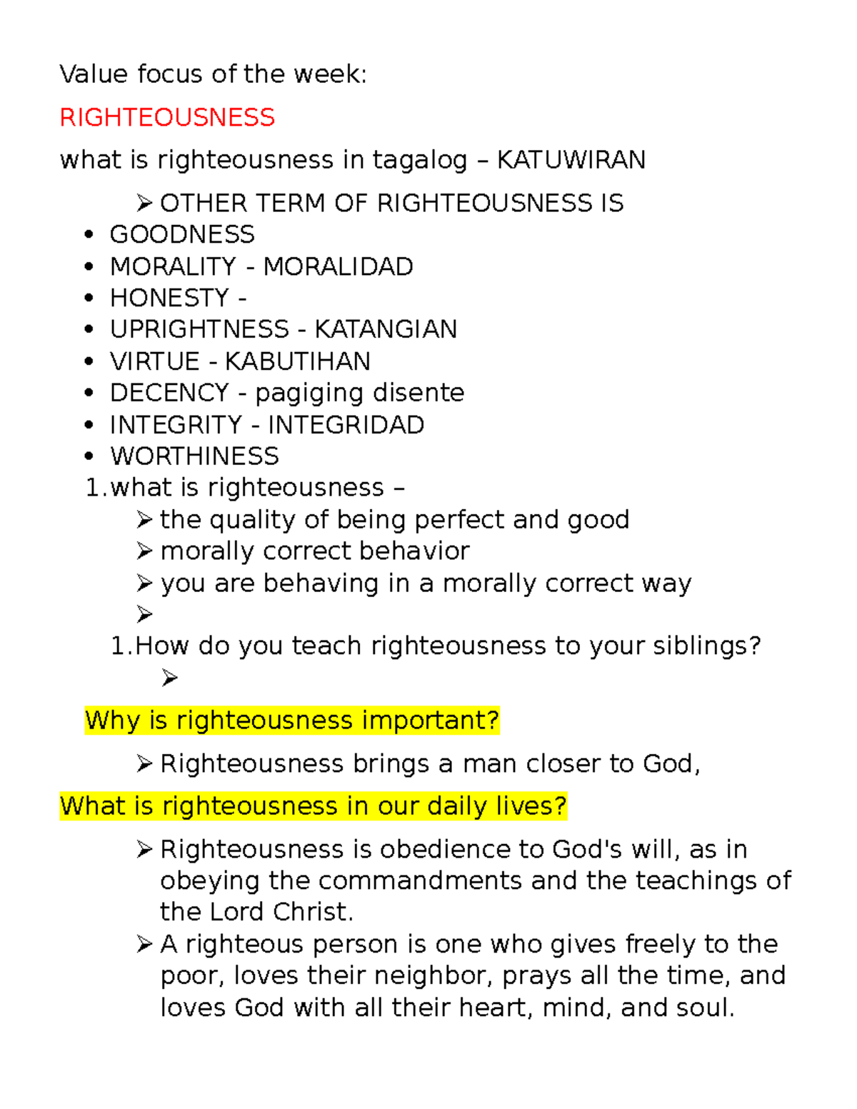 Value focus of the week - NONE - Value focus of the week: RIGHTEOUSNESS ...