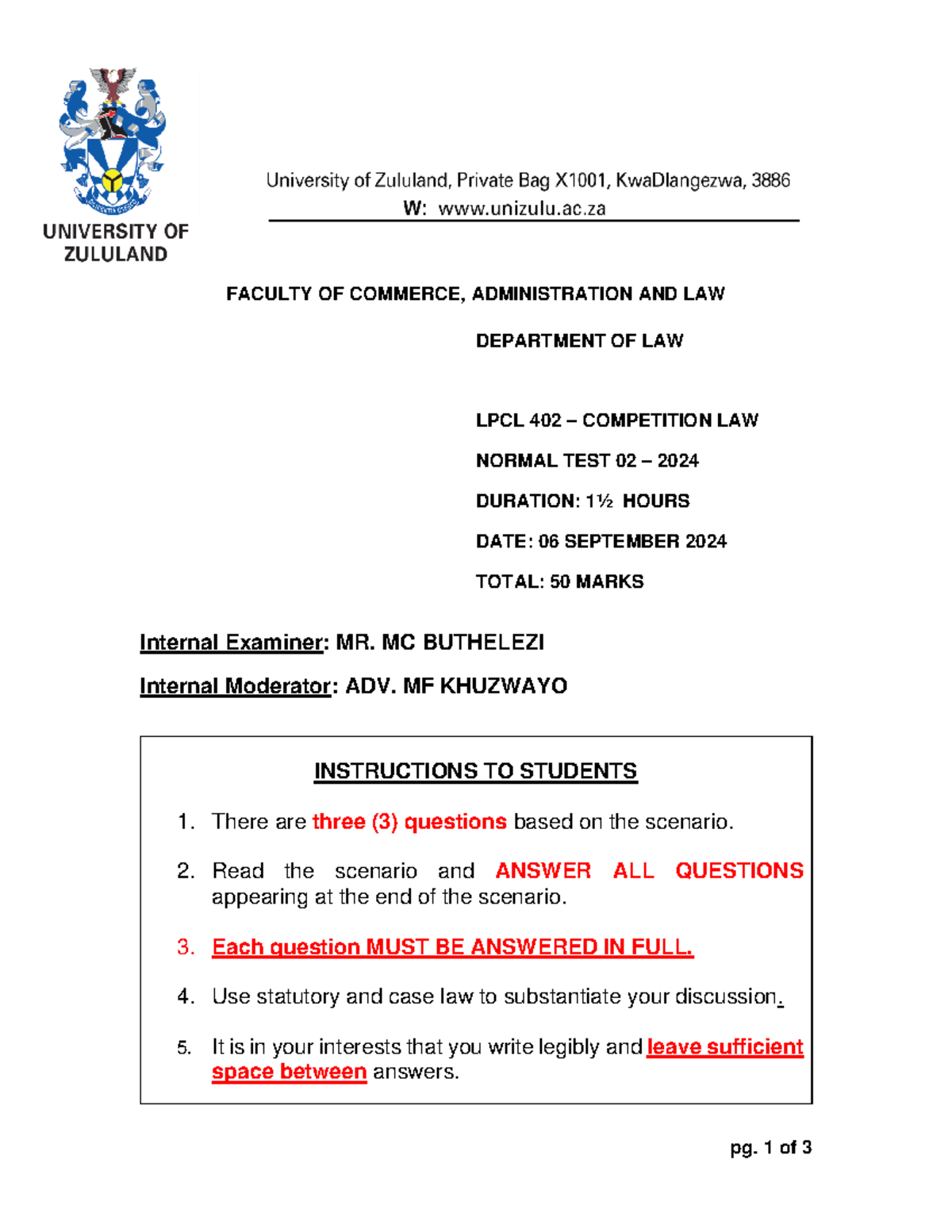 Competition LAW, Normal TEST- 02 2024 ( Memorandum) - FACULTY OF ...