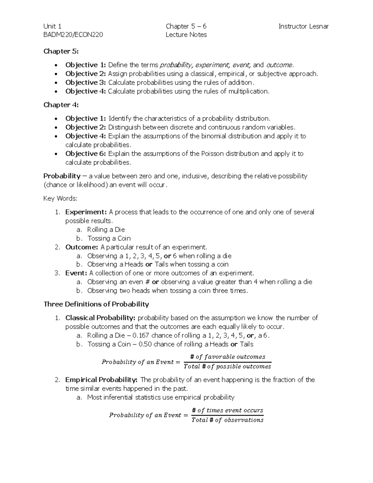 Unit 2 - Lecture 1 (Chapters 5 & 6) - BADM220/ECON220 Lecture Notes ...