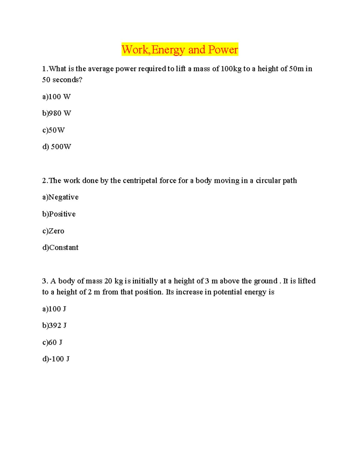 Question Bank for Chapter#6 - Work,Energy and Power 1 is the average ...