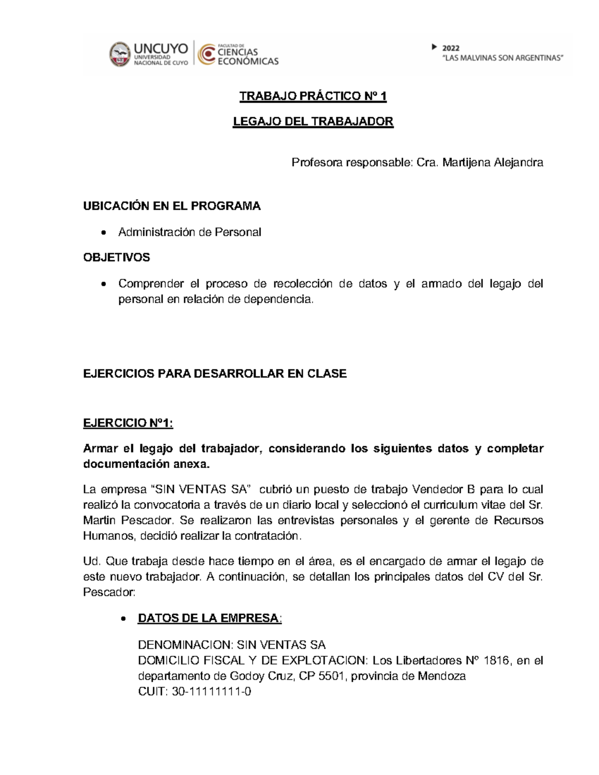 TP 1 - Legajo DEL Trabajador - TRABAJO PRÁCTICO Nº 1 LEGAJO DEL ...