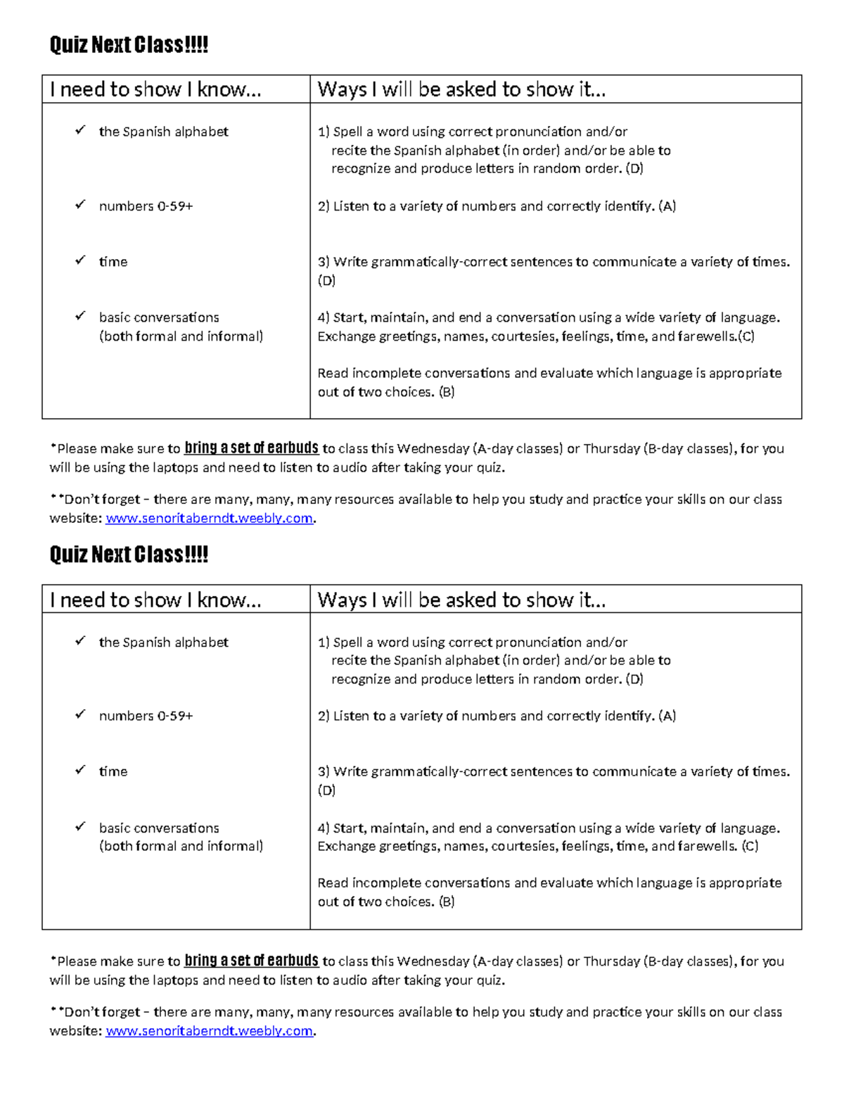 Quiz next class - N/A - Quiz Next Class!!!! I need to show I know ...