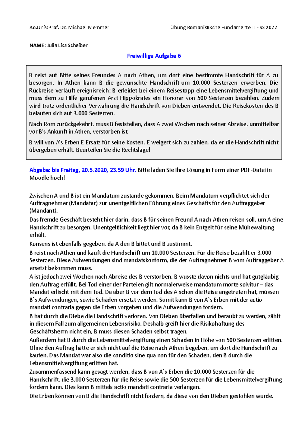 Freiwillige Aufgabe 6 - Schuldrecht Memmer - Ao.Univ. Dr. Michael ...