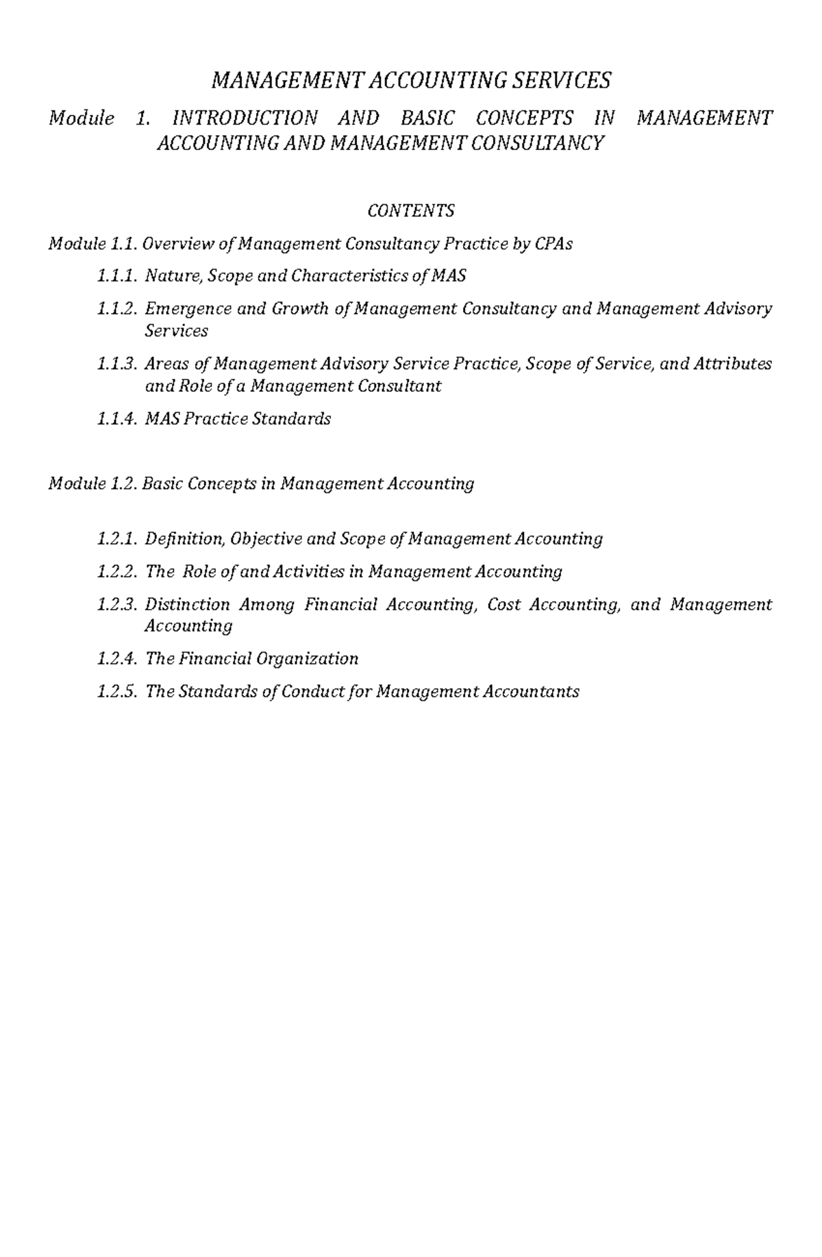 MAS Module 1 - Lecture notes 1,2,3 - MANAGEMENT ACCOUNTING SERVICES ...