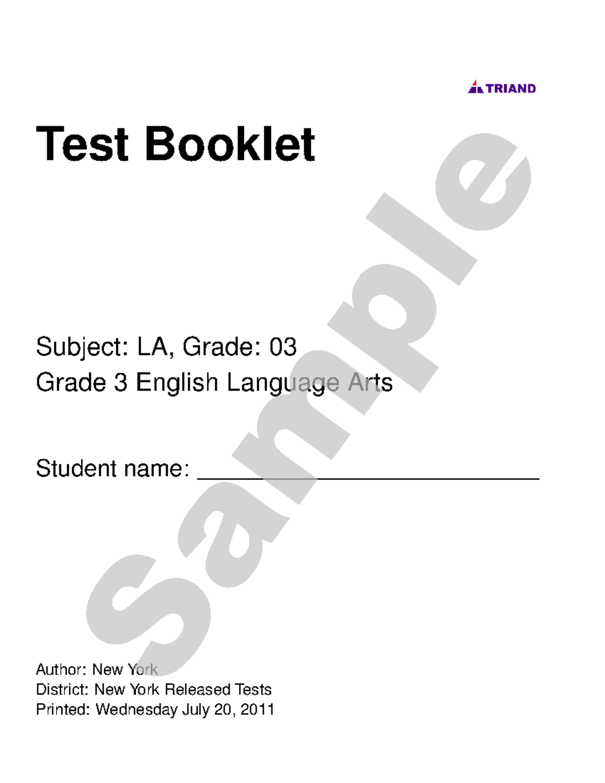 Testbooklet - practica - Test Booklet Subject: LA, Grade: 03 Grade 3 ...