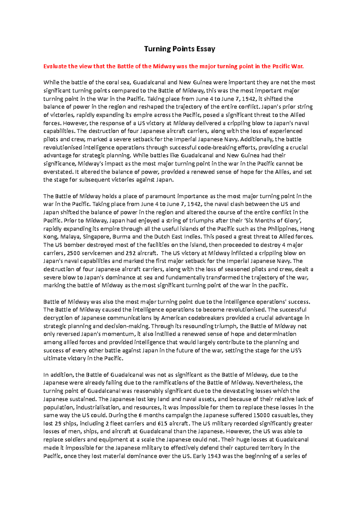 Conflict in the Pacific - Turning Points Essay - Turning Points Essay ...