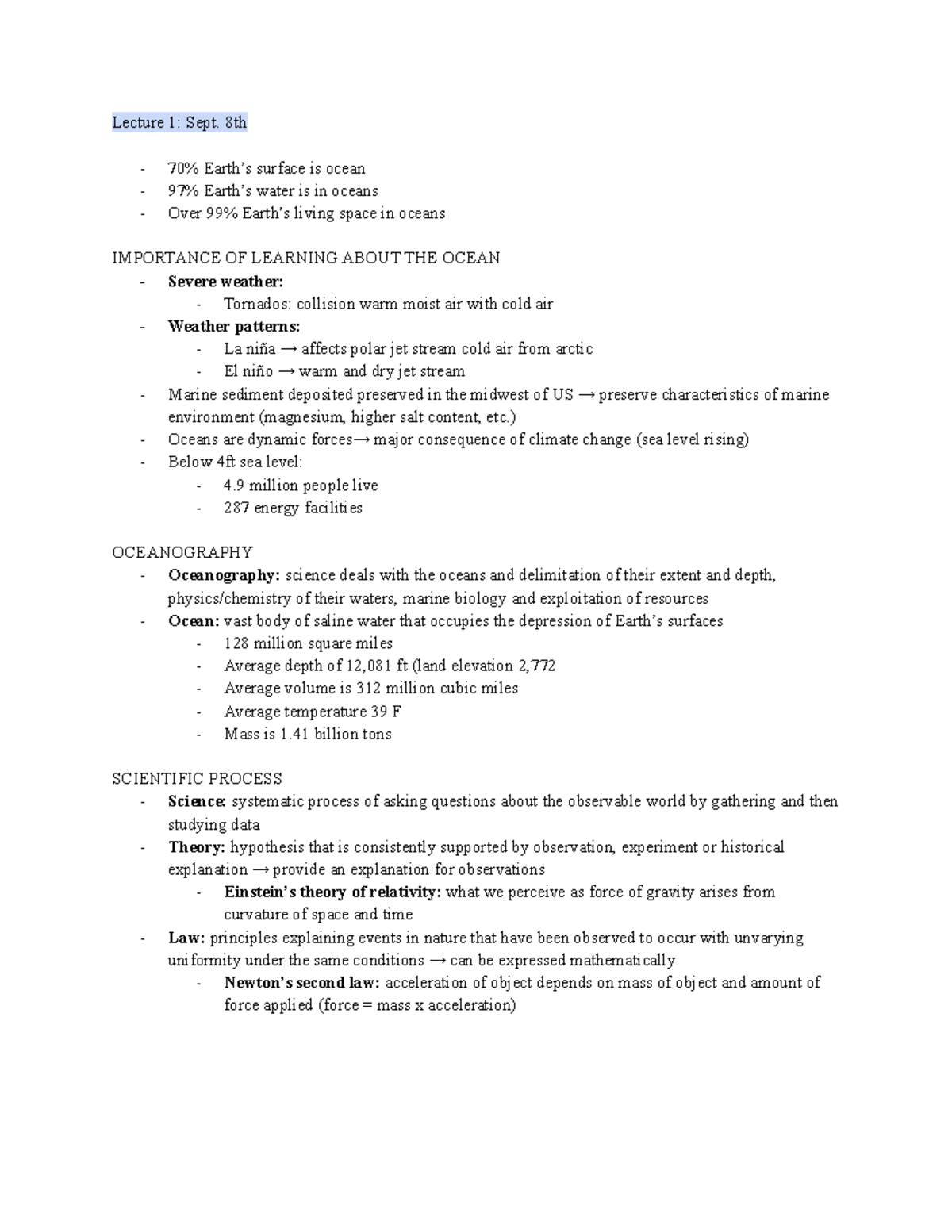 Lecture 1: Importance of the Ocean - Lecture 1: Sept. 8th 70% Earth’s ...