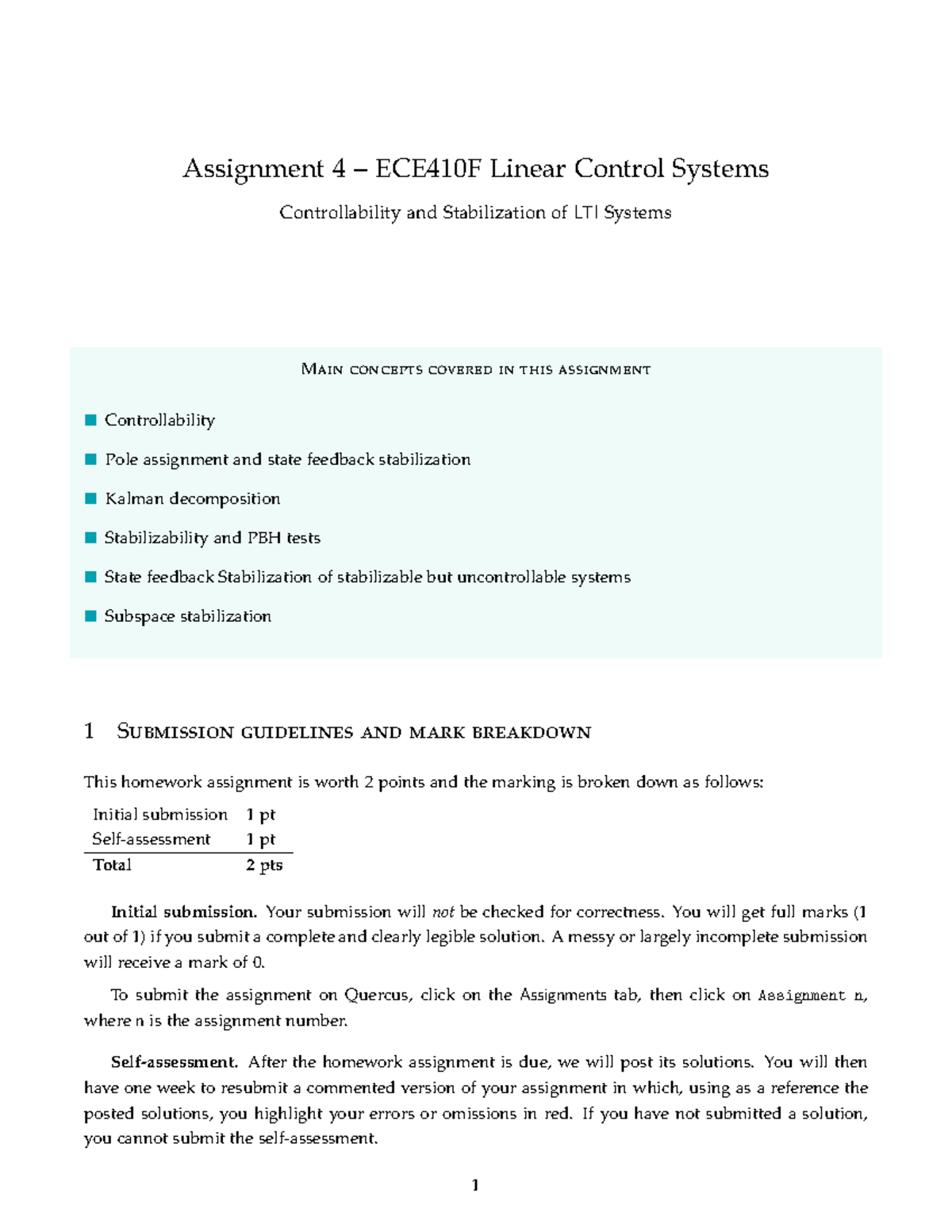 A4 - Assignment 4 - Assignment 4 – ECE410F Linear Control Systems Controllability and ...