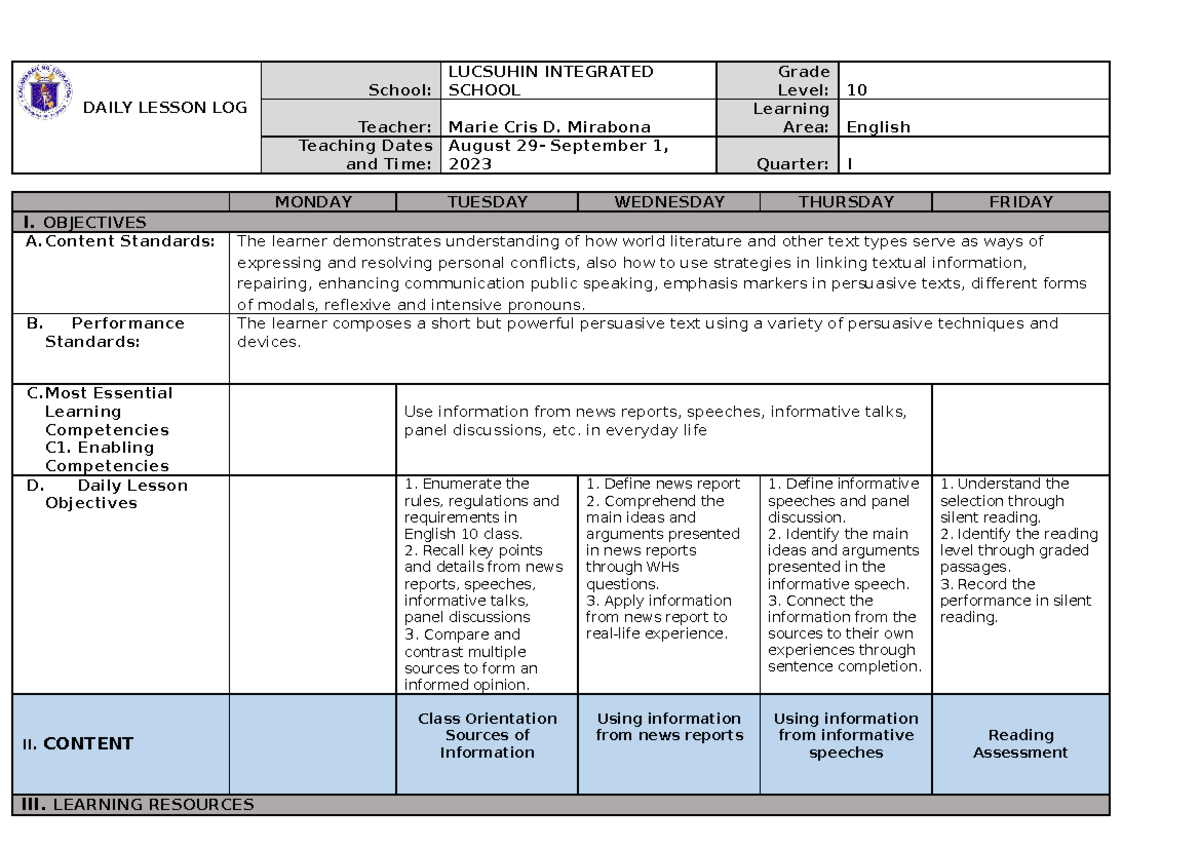 DLL Quarter 1, Week 1 - DAILY LESSON LOG School: LUCSUHIN INTEGRATED ...